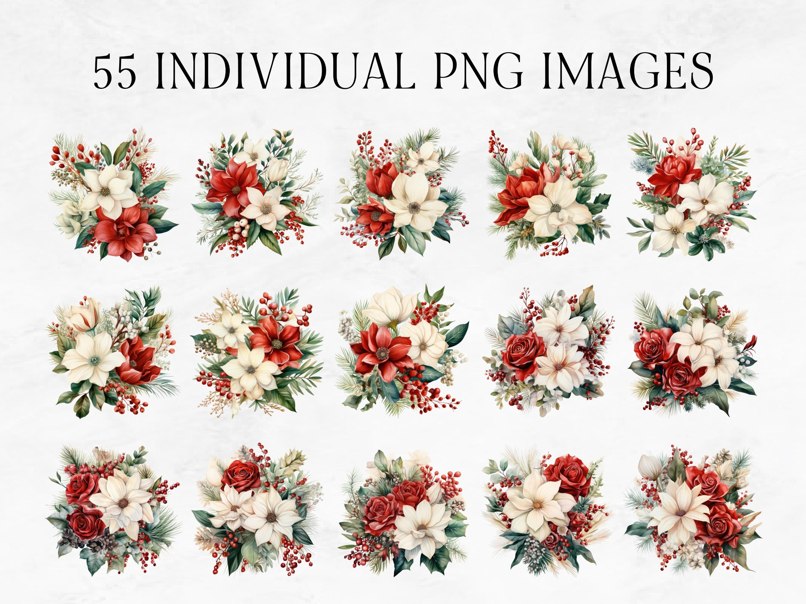 55 Christmas Flowers Clipart Bundle, Commercial Use Clipart ...
