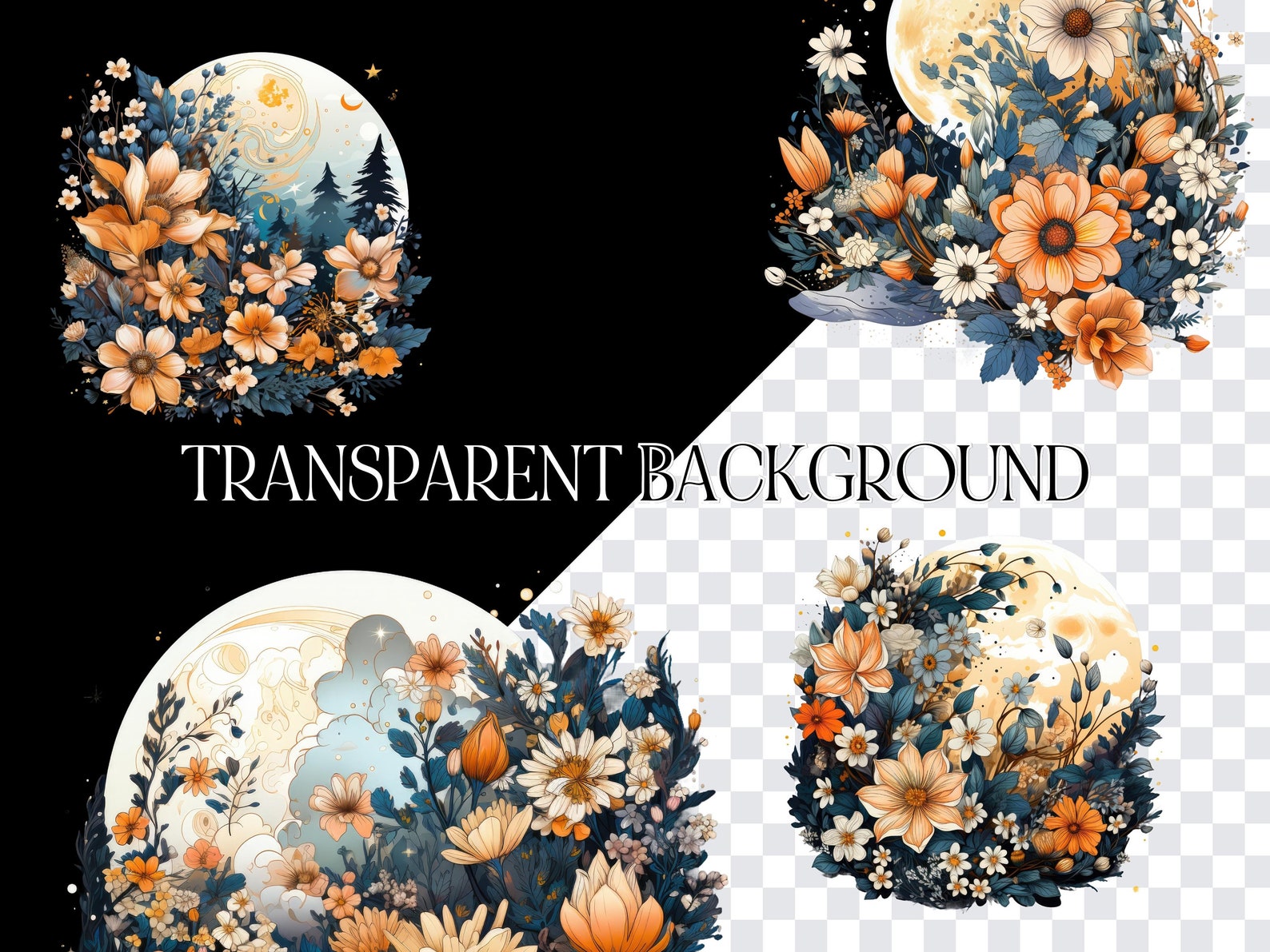 5 Floral Moons Watercolor Clipart, Floral Moon Clipart, Commercial Use ...