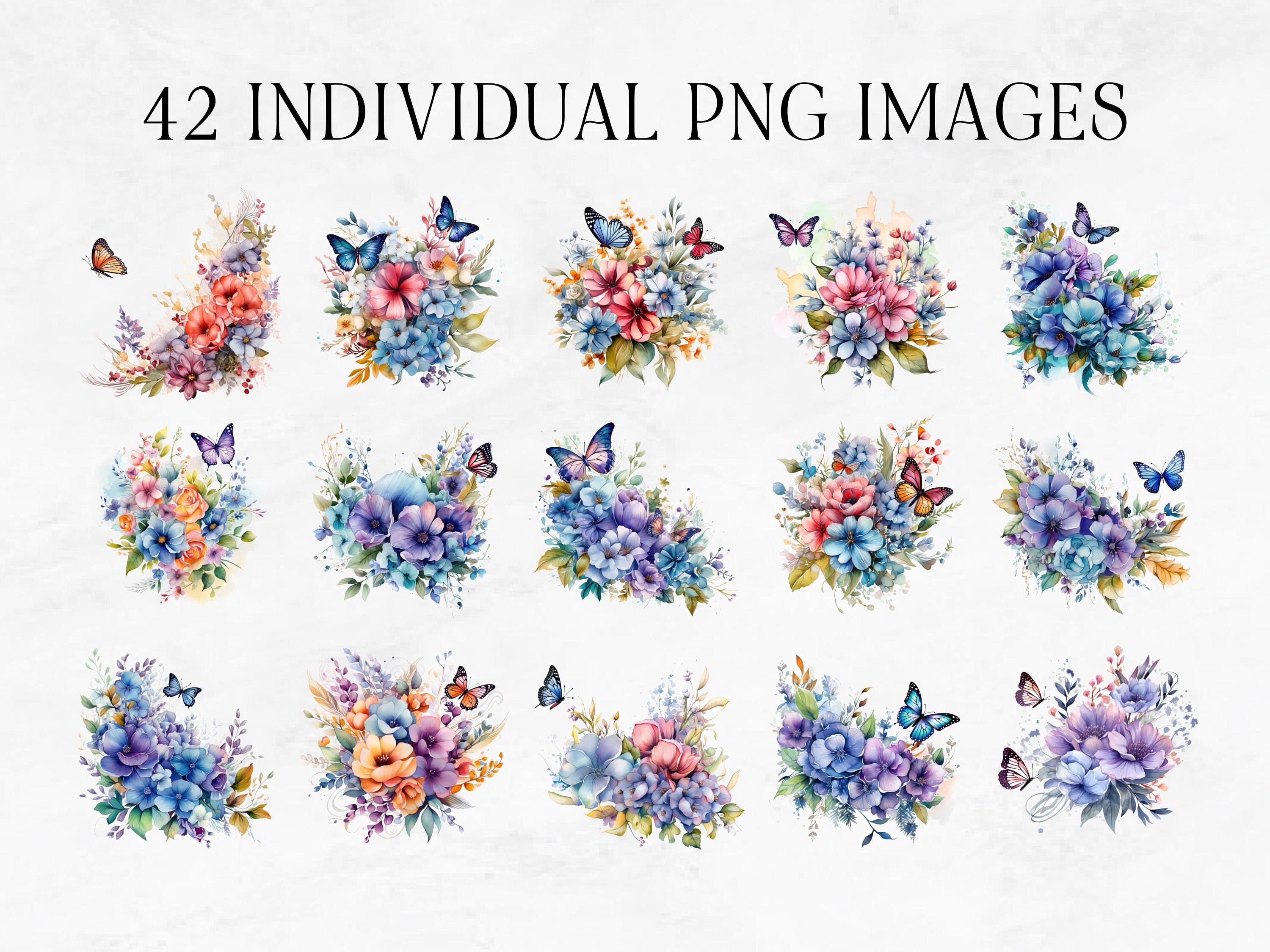 42 Watercolor Flowers With Butterflies Bundle, Floral Butterfly ...