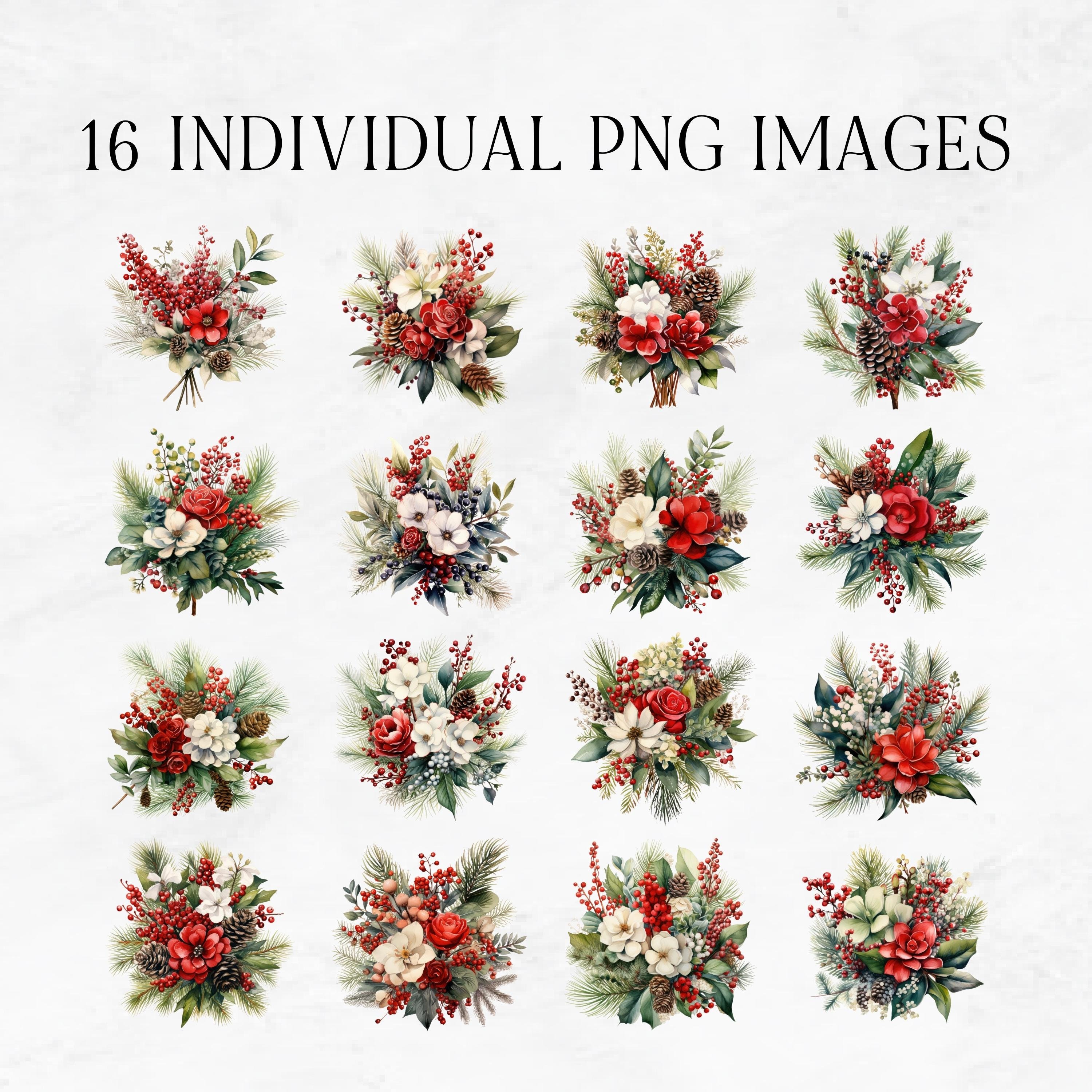16 Traditional Christmas Floral Clipart, Christmas Floral Watercolor ...