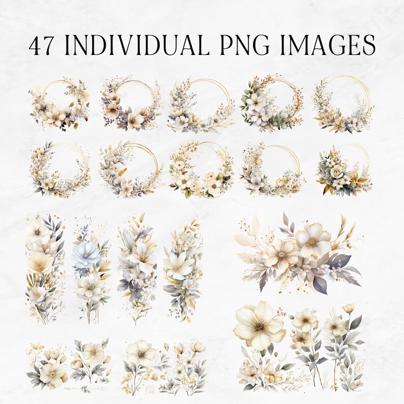 47 White and Gold Floral Clipart, White Flower Clipart, Wedding Flower ...