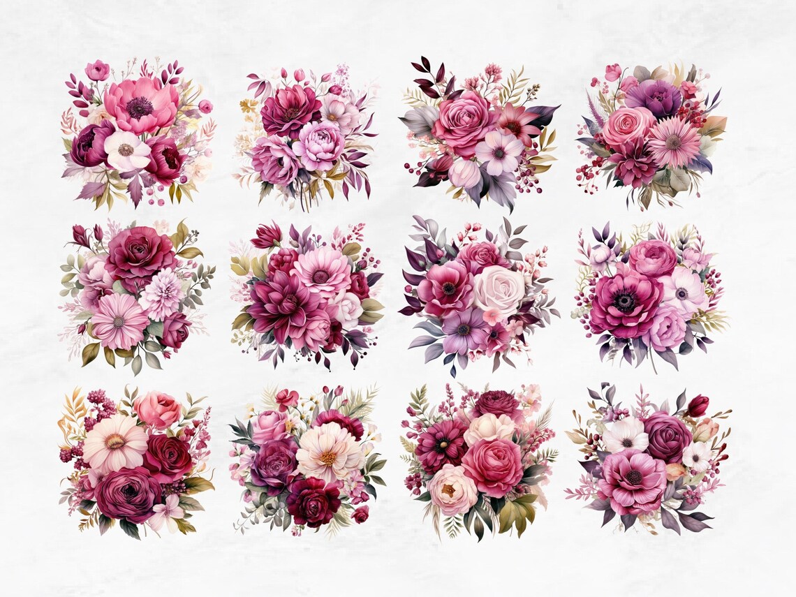48 Magenta Flowers Clipart Wedding Clipart Wedding Flowers - Etsy