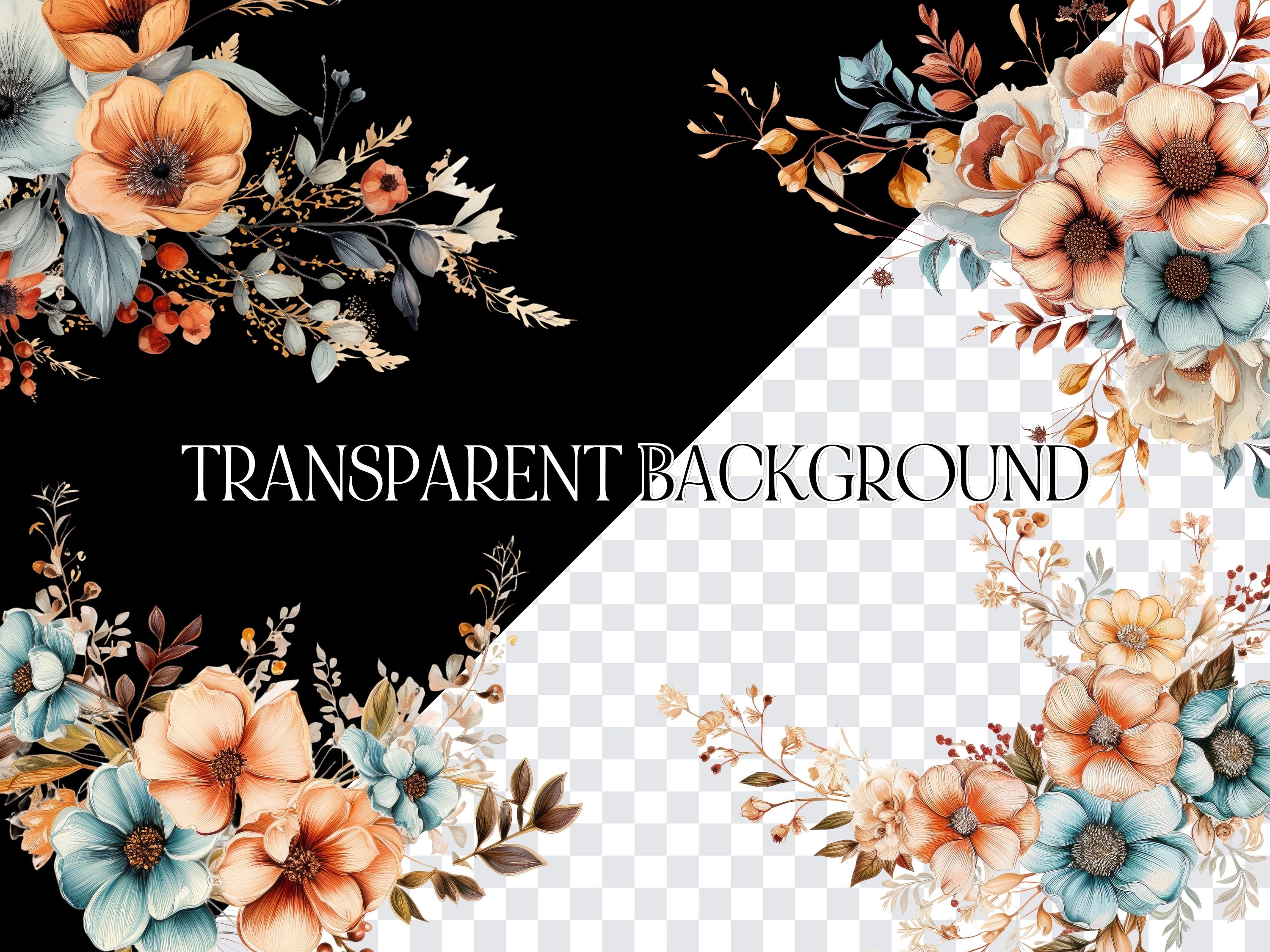 17 Floral Clipart Corner Peach and Blue PNG, Peach and Blue Wedding ...