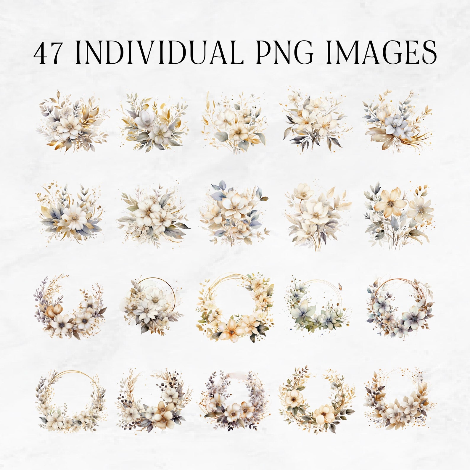 47 White and Gold Floral Clipart, White Flower Clipart, Wedding Flower ...