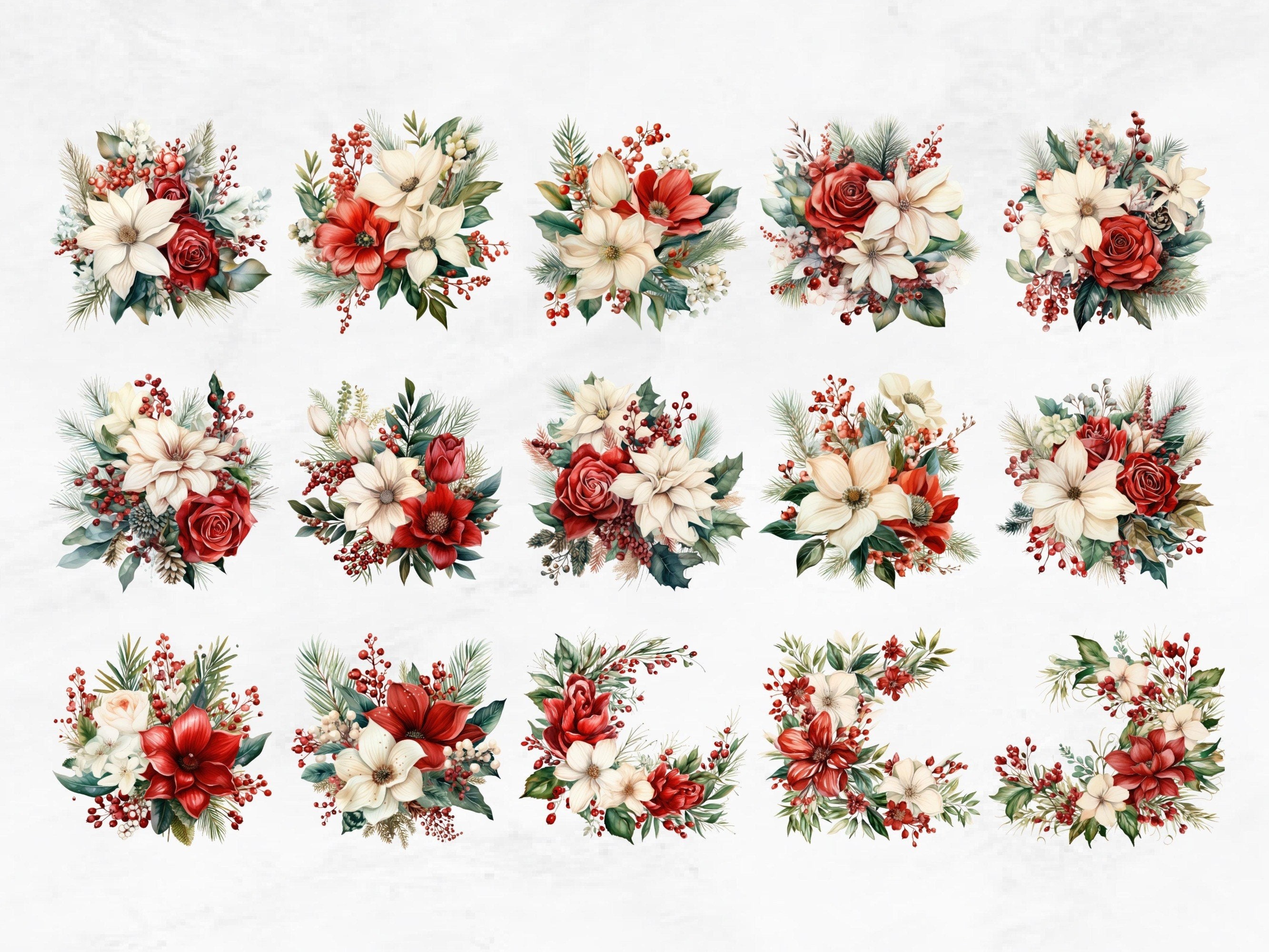 55 Christmas Flowers Clipart Bundle, Commercial Use Clipart ...