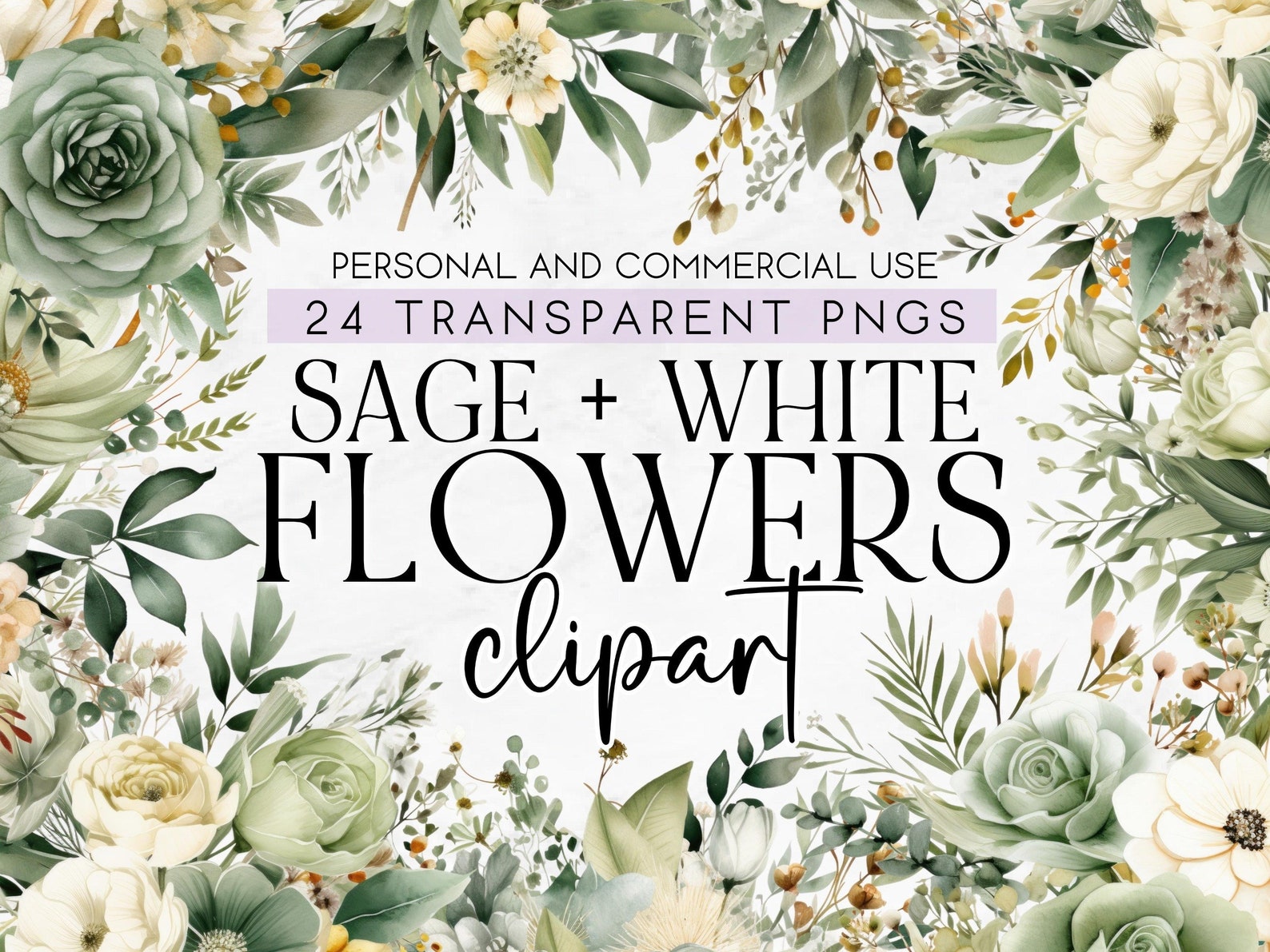 24 Sage Green and White Florals Clipart, Wedding Clipart, Wedding ...