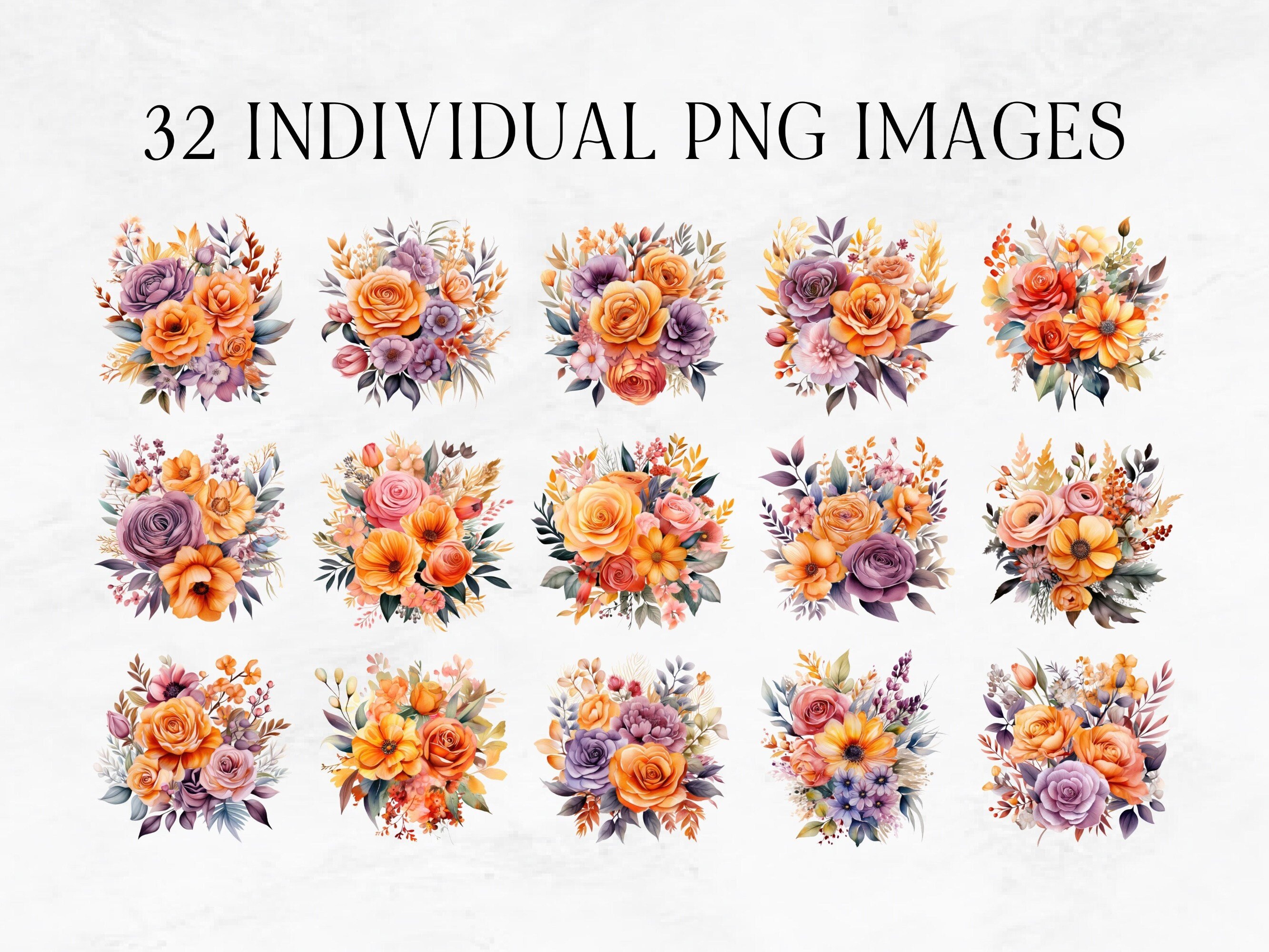 32 Bright Colorful Flowers Clipart, Commercial Use Clipart, Transparent ...