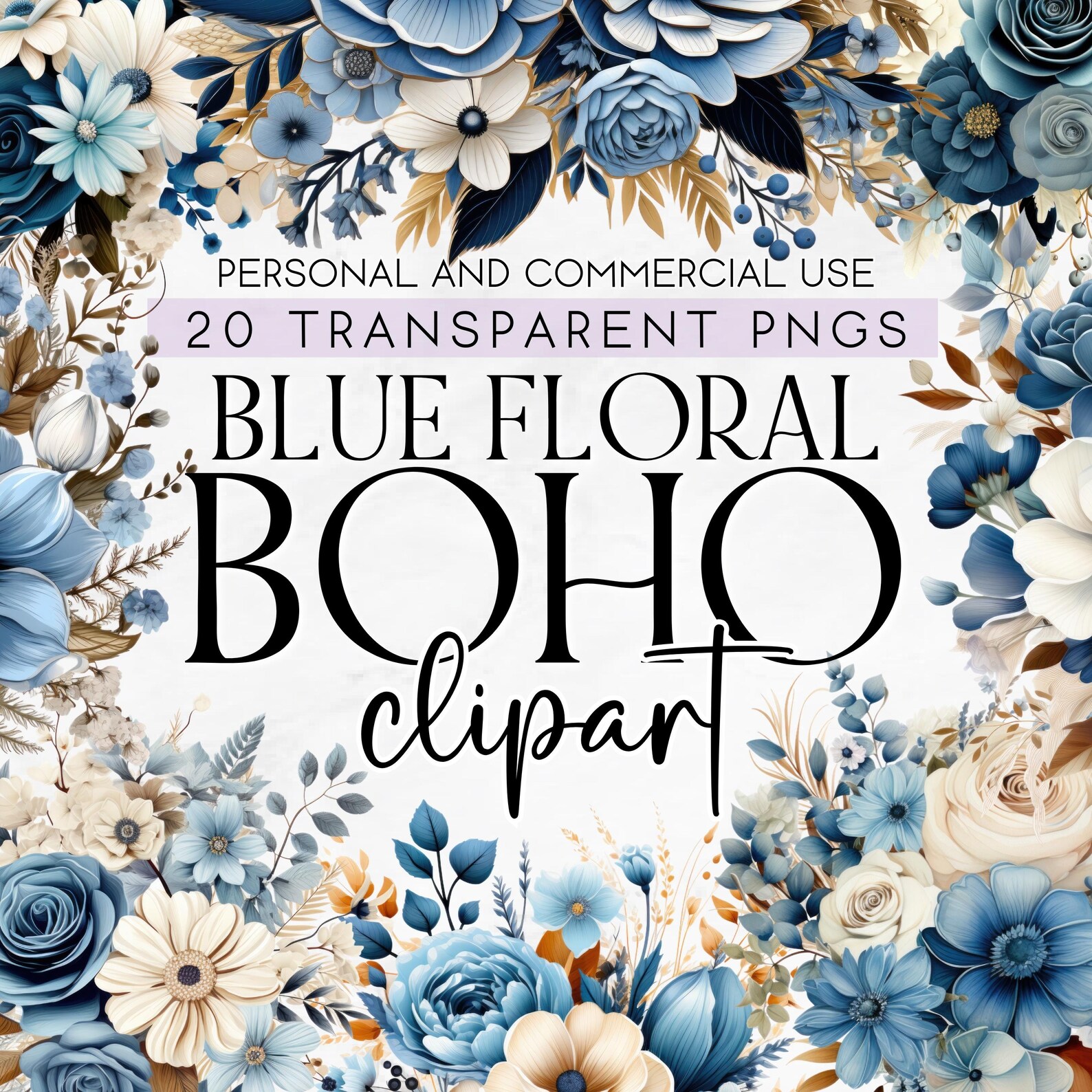 20 Blue Boho Flowers Clipart, Boho Floral Clipart,commercial Use ...
