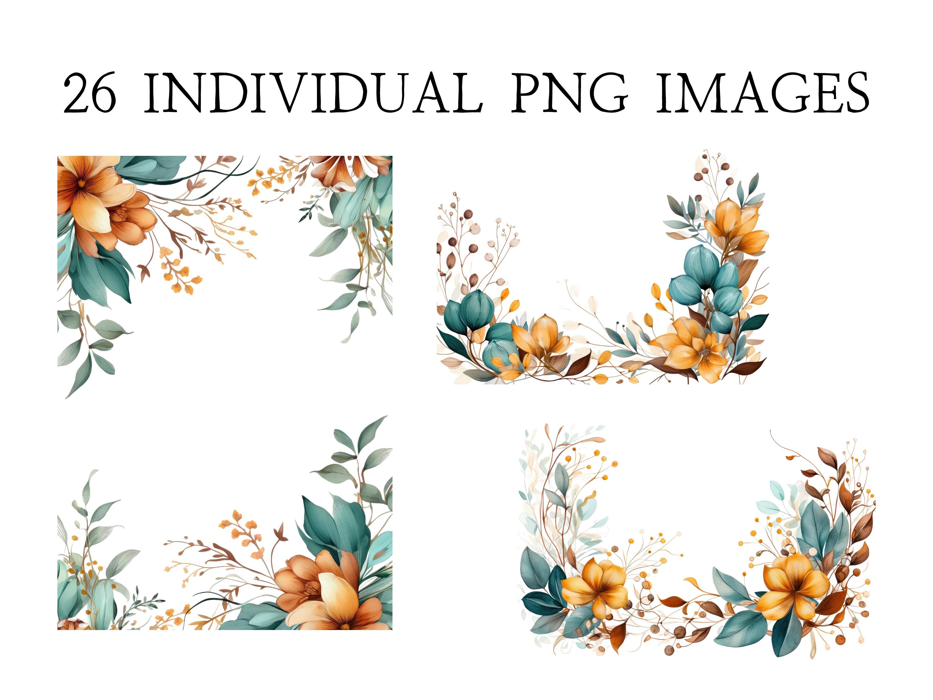 Teal and Orange Floral Clipart, Amber and Sage Flowers, Commercial Use ...