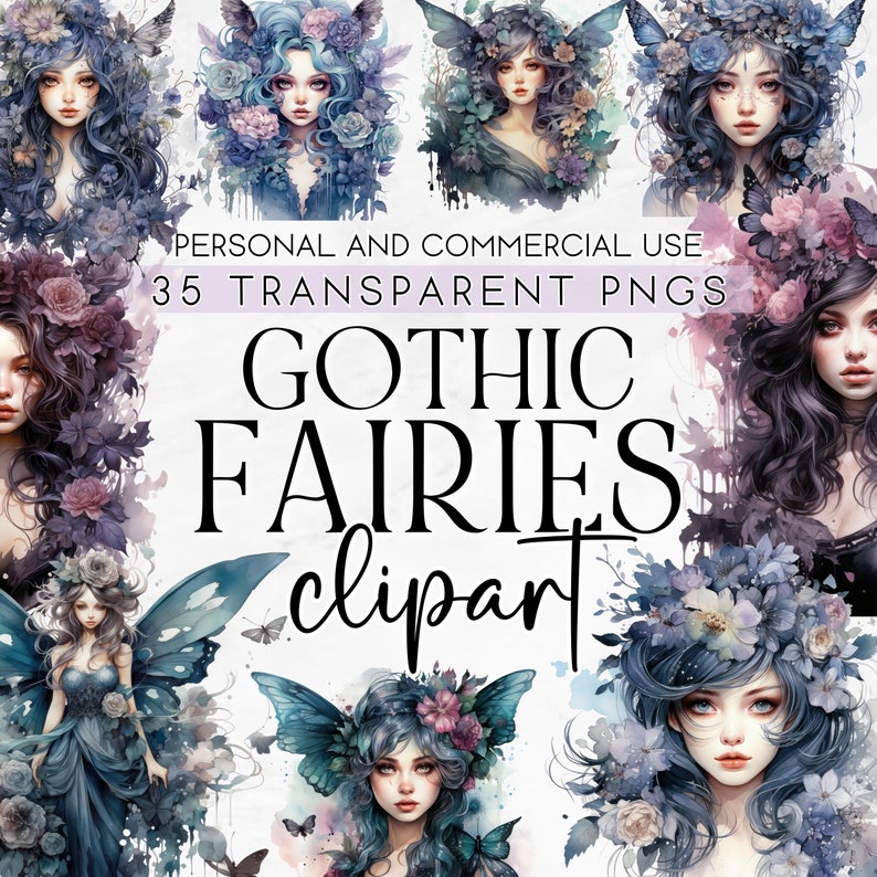 35 Gothic Fairy Clipart, Watercolor Dark Fairies, Commercial Use ...