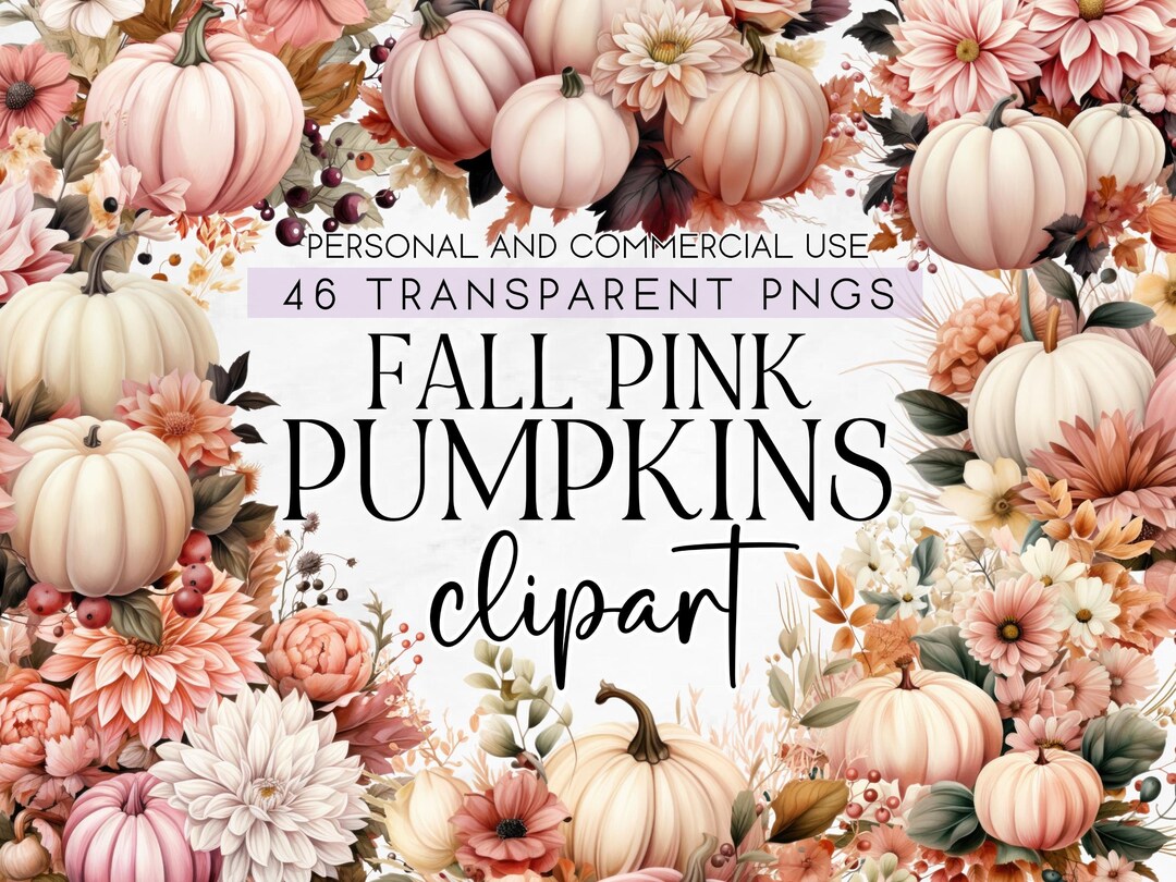 46 Fall Pink Pumpkins With Flowers Clipart Bundle, Commercial Use ...