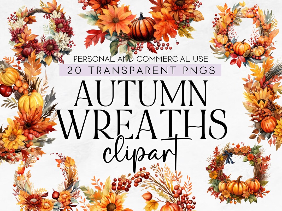20 Watercolor Autumn Floral Wreath Clipart, Thanksgiving Clipart ...
