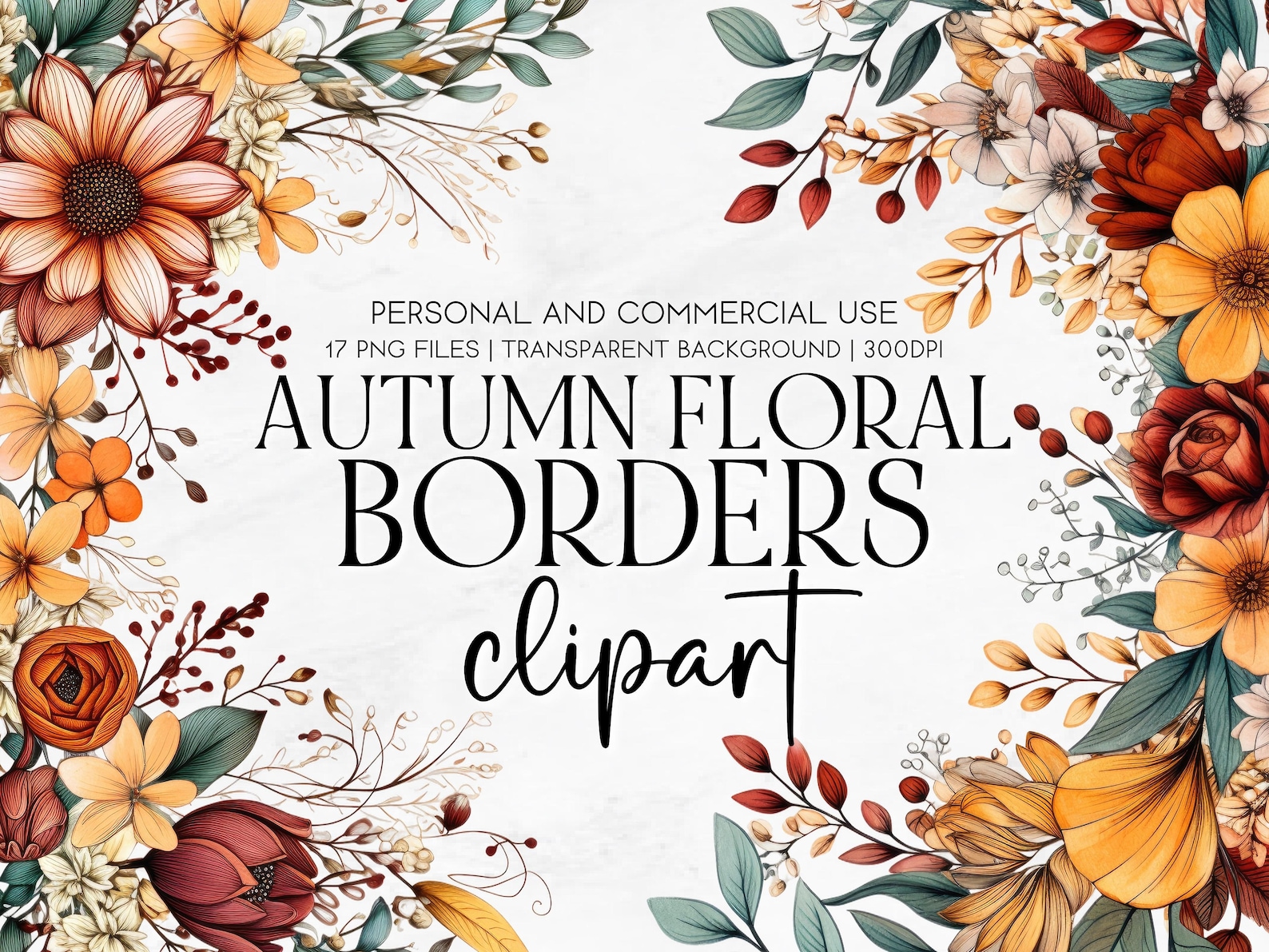 17 Autumn Floral Borders and Frames, Commercial Use Clipart, Fall ...