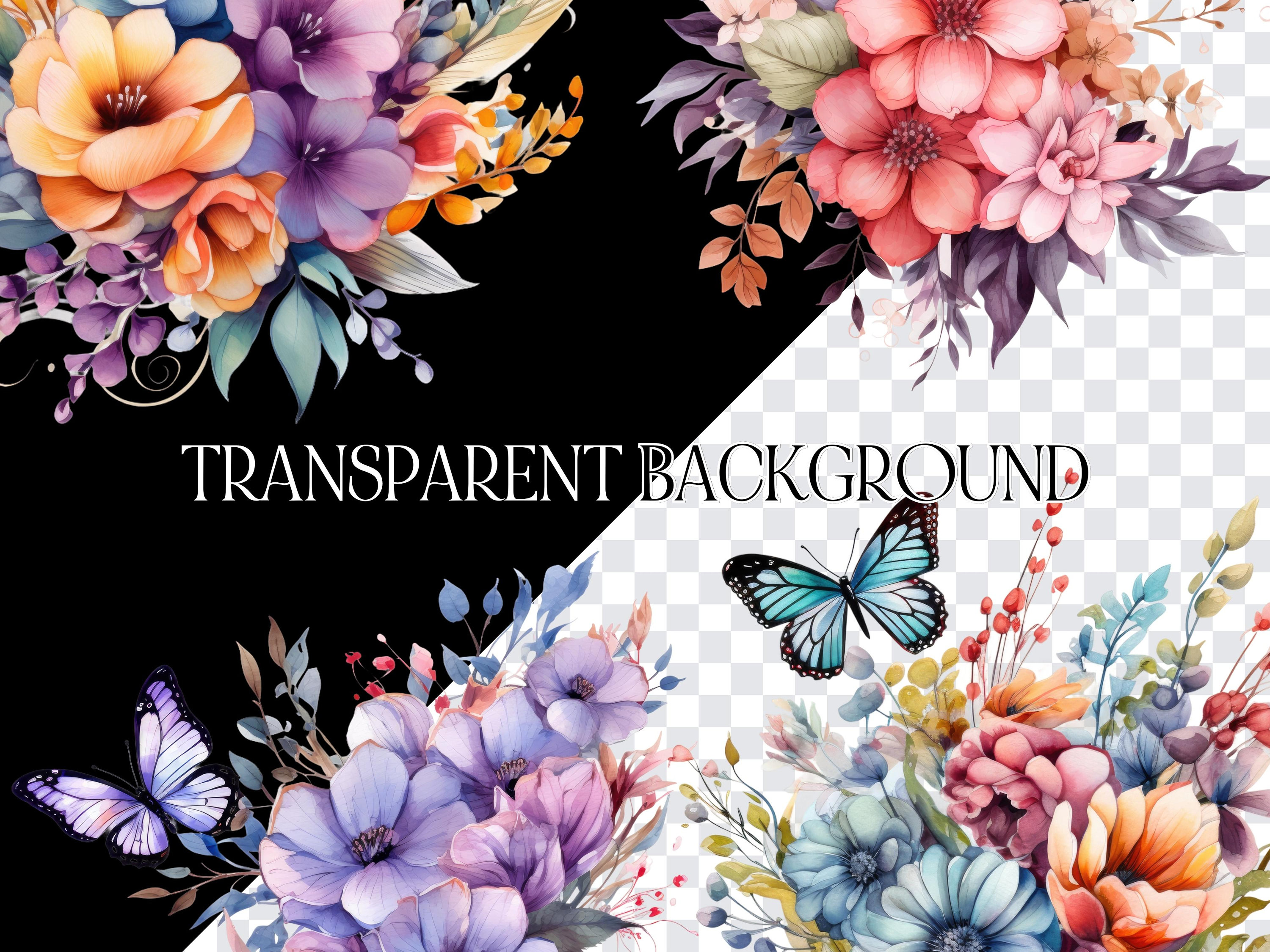 42 Watercolor Flowers With Butterflies Bundle, Floral Butterfly ...