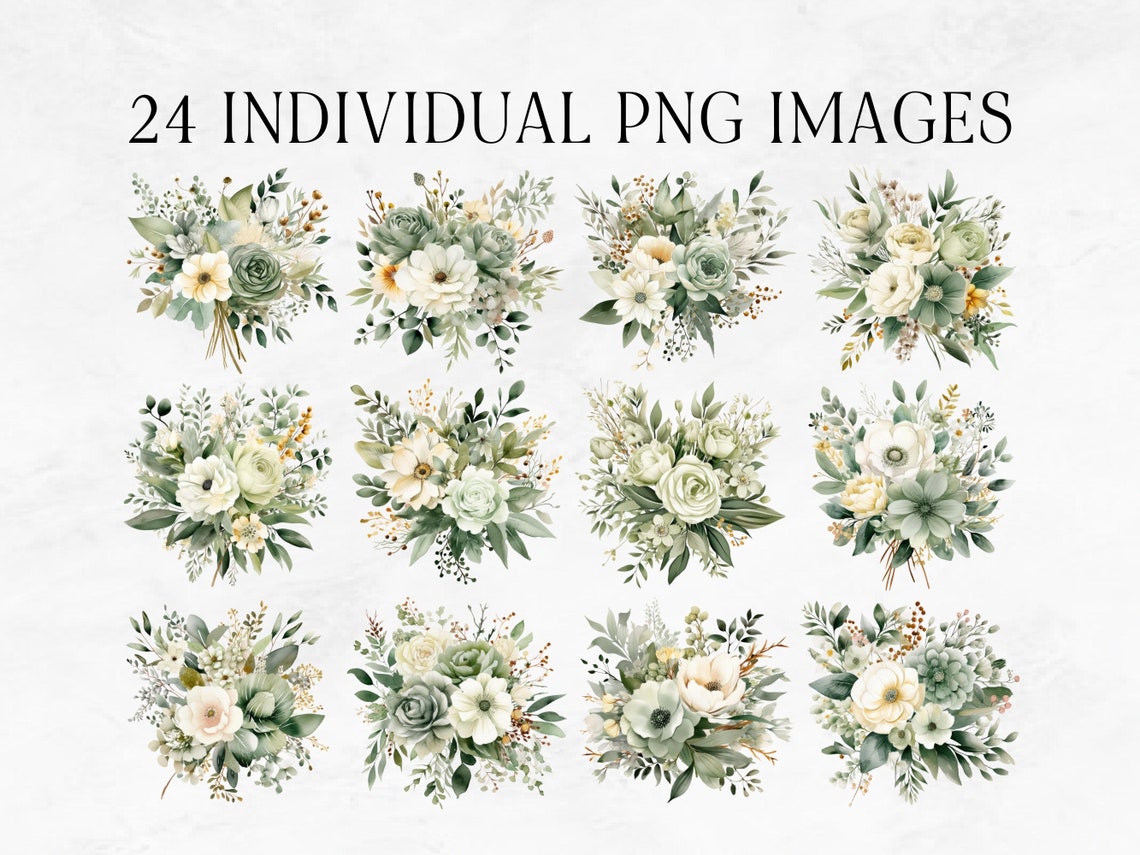 24 Sage Green and White Florals Clipart, Wedding Clipart, Wedding ...