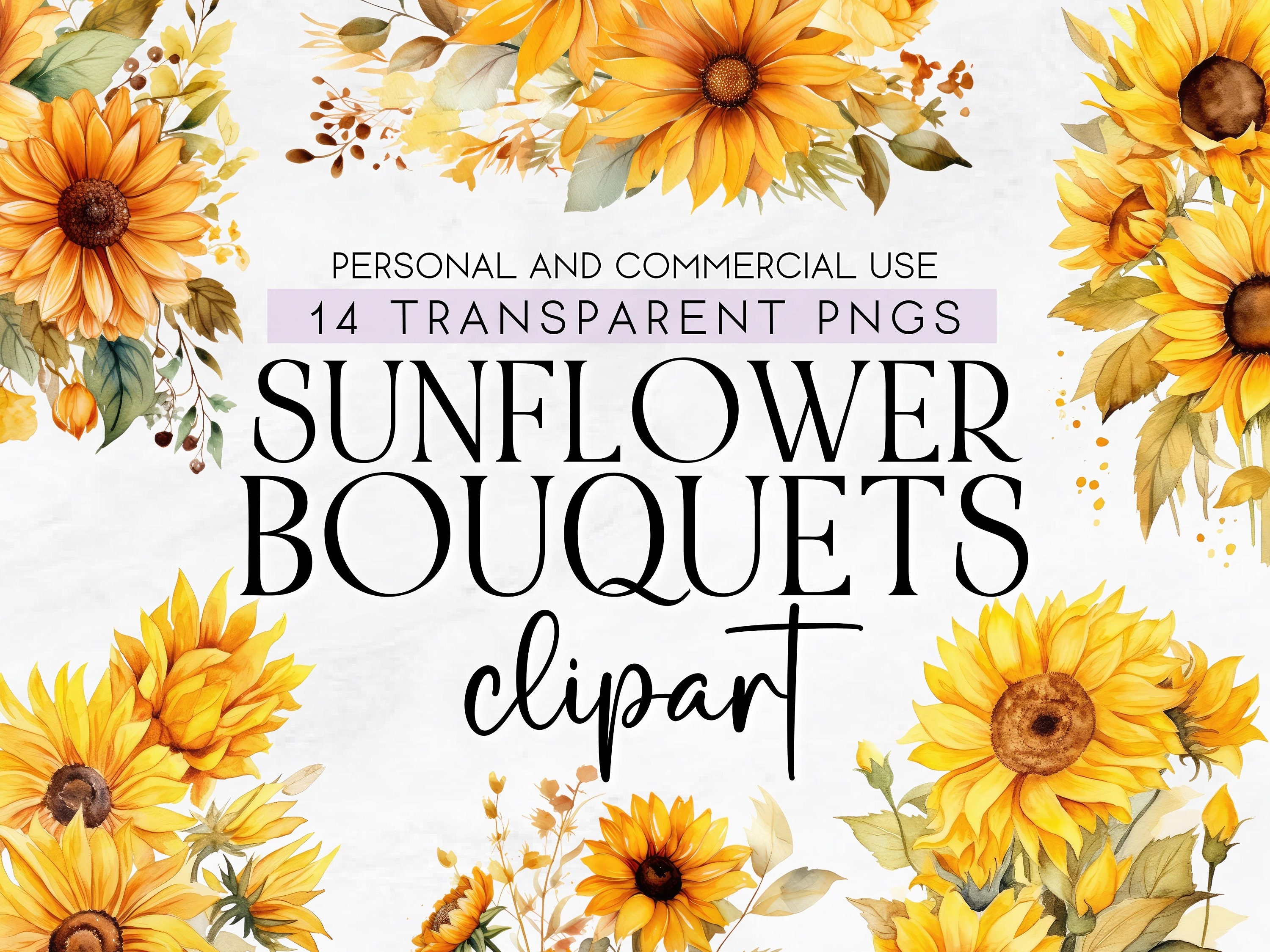14 Watercolor Sunflowers Clipart, Sunflower Bouquets, Commercial Use ...