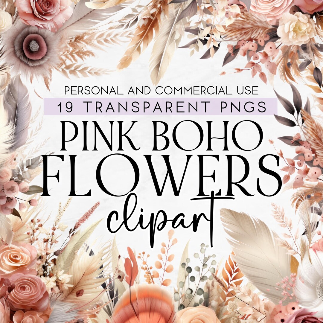 19 Pink Boho Flowers and Feathers Clipart, Pink and Blue Boho, Boho ...