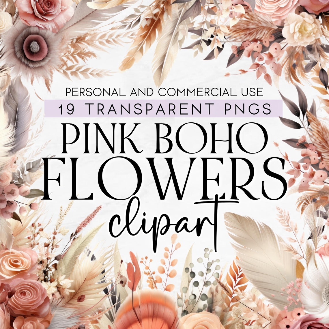19 Pink Boho Flowers and Feathers Clipart, Pink and Blue Boho, Boho ...