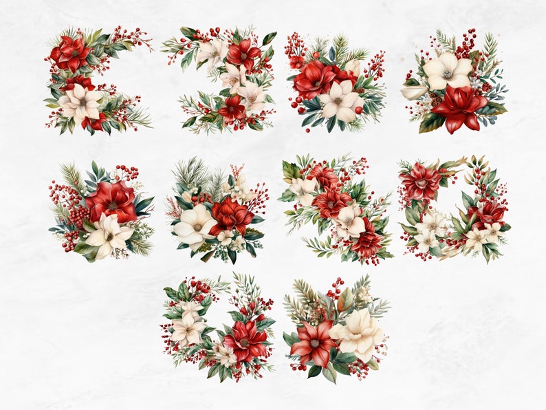 55 Christmas Flowers Clipart Bundle, Commercial Use Clipart ...