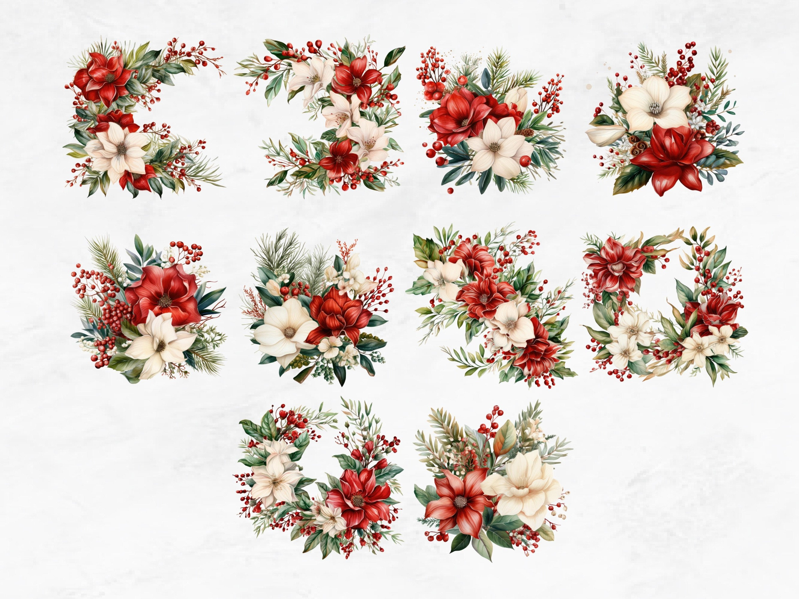 55 Christmas Flowers Clipart Bundle, Commercial Use Clipart ...