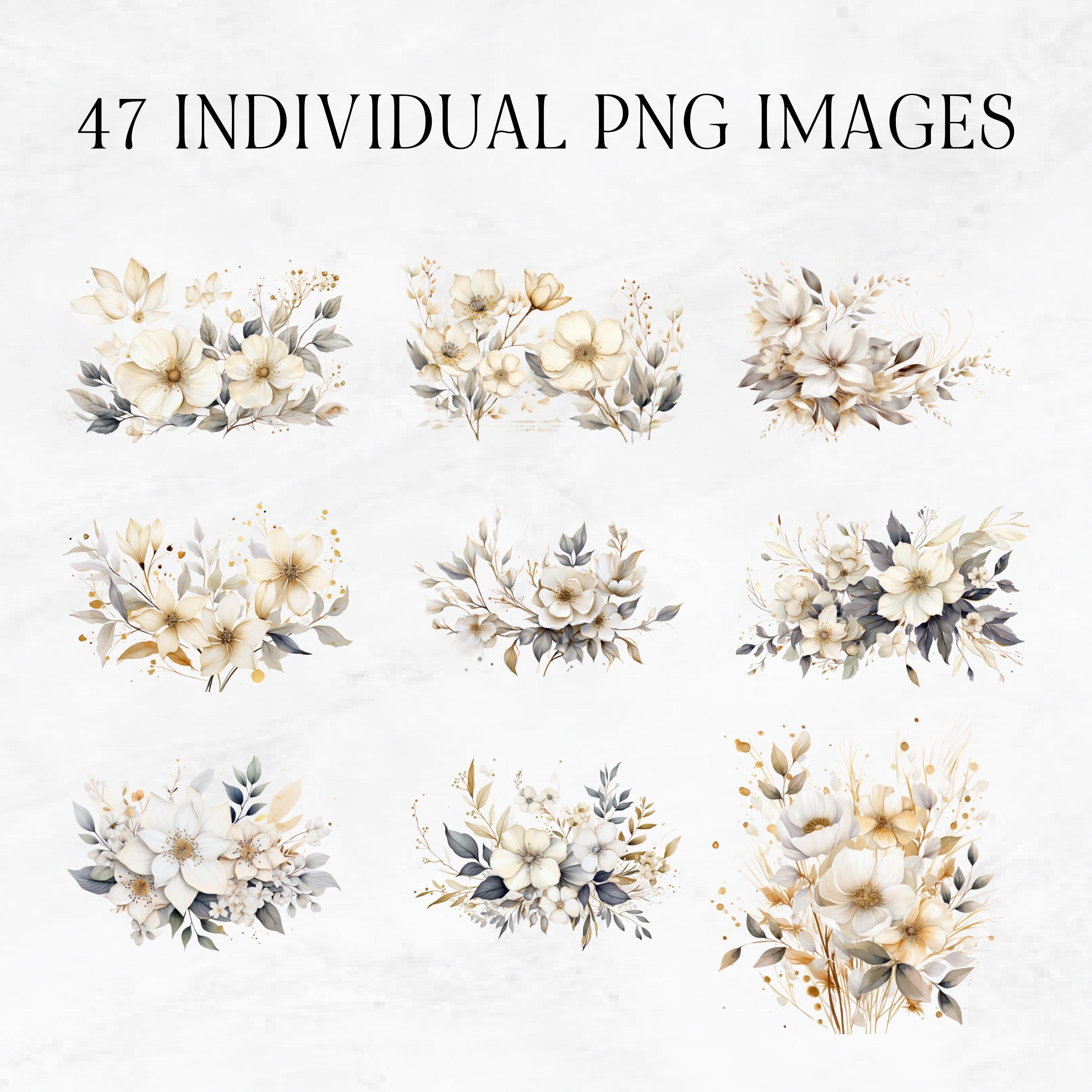 47 White and Gold Floral Clipart, White Flower Clipart, Wedding Flower ...