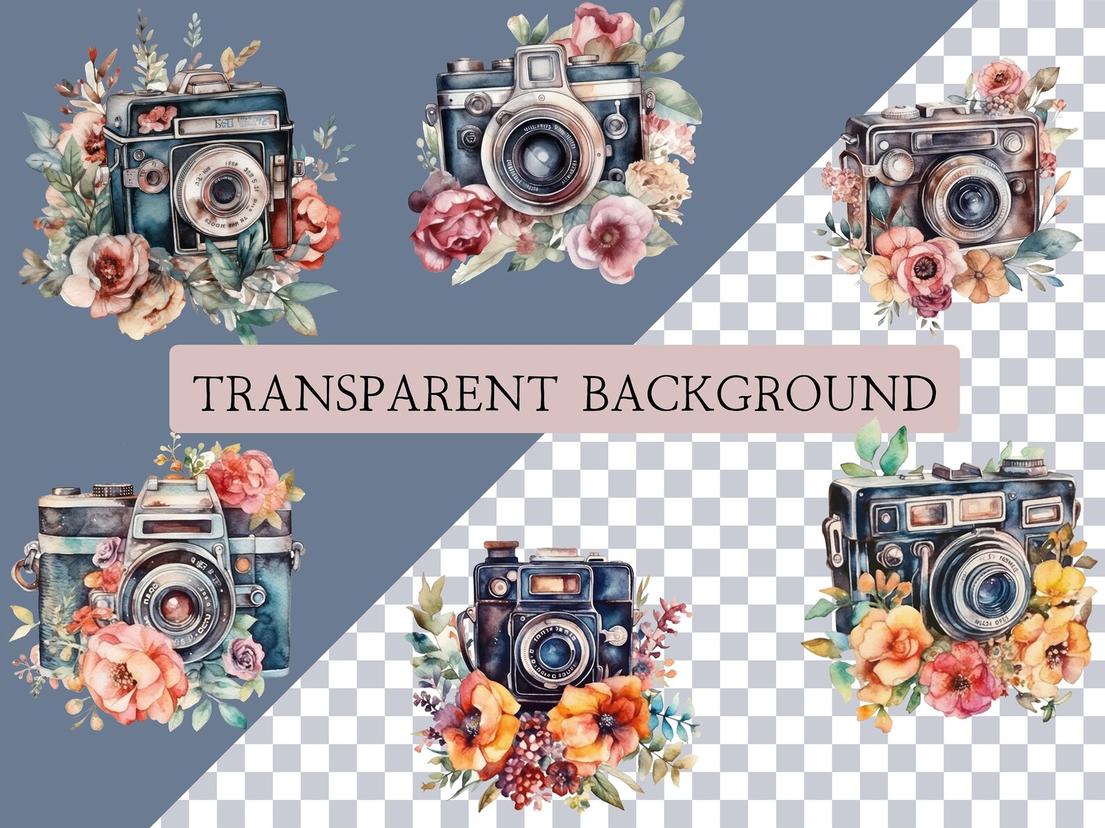 Vintage Camera Florals Clipart Watercolor Vintage Camera Clipart ...