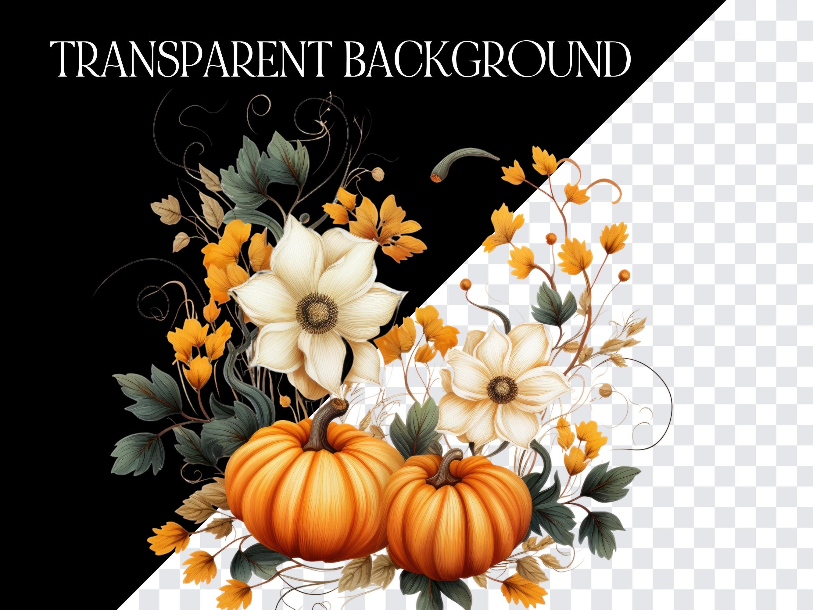 31 Pumpkin and Vines Fall Clipart, Commercial Use Clipart, Transparent ...