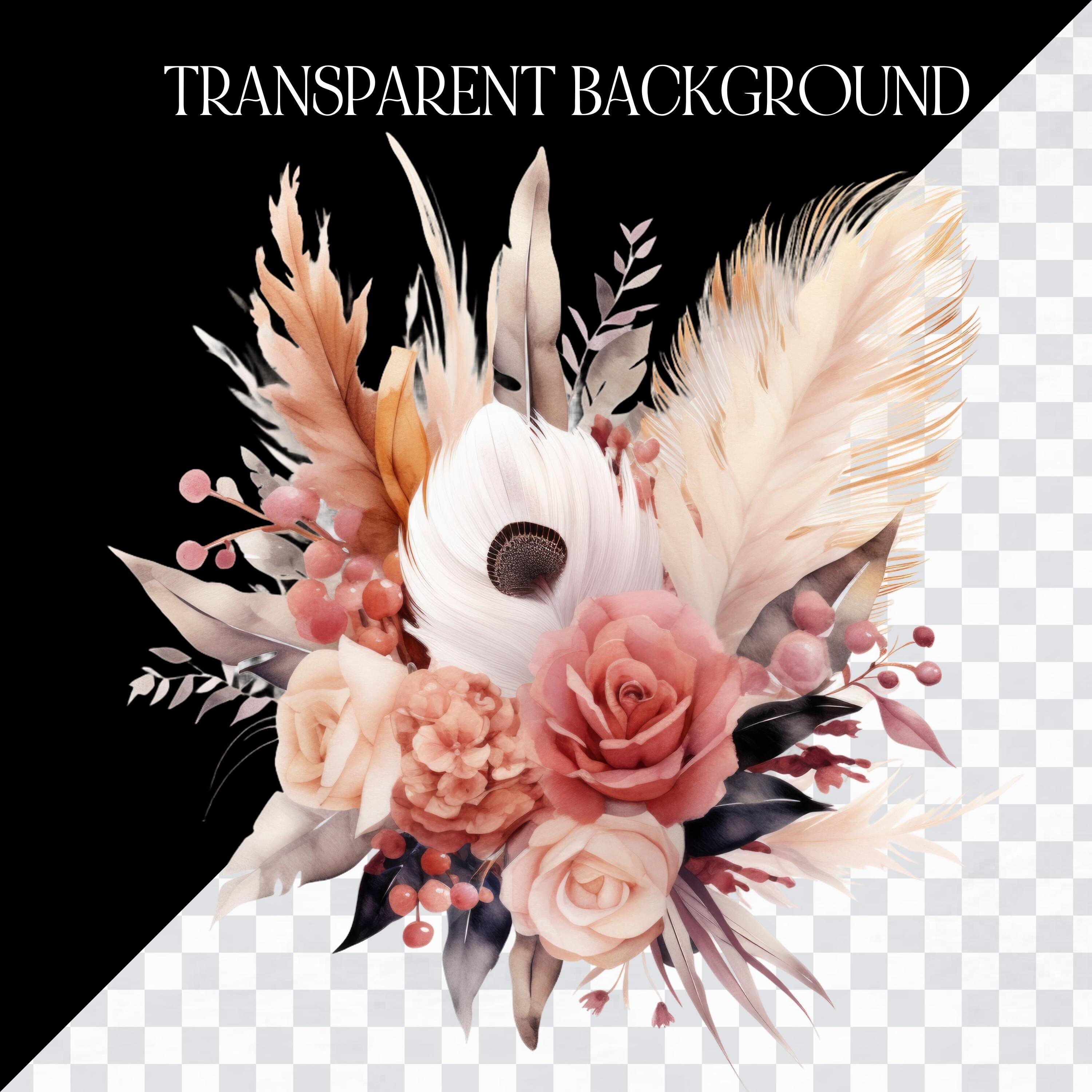 19 Pink Boho Flowers and Feathers Clipart, Pink and Blue Boho, Boho ...