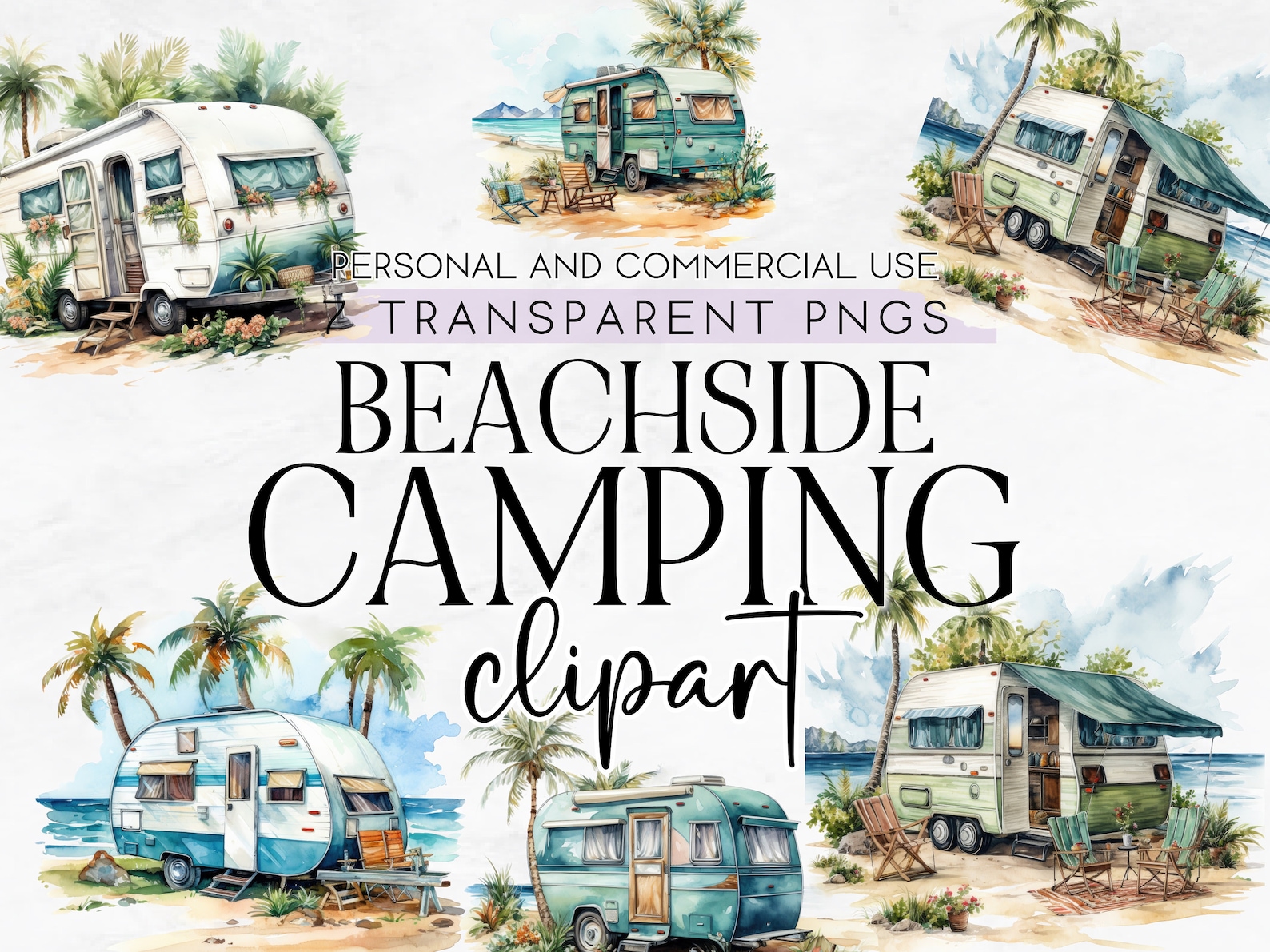 7 Beachside Camping Clipart, Watercolor Camping Scene Clipart ...