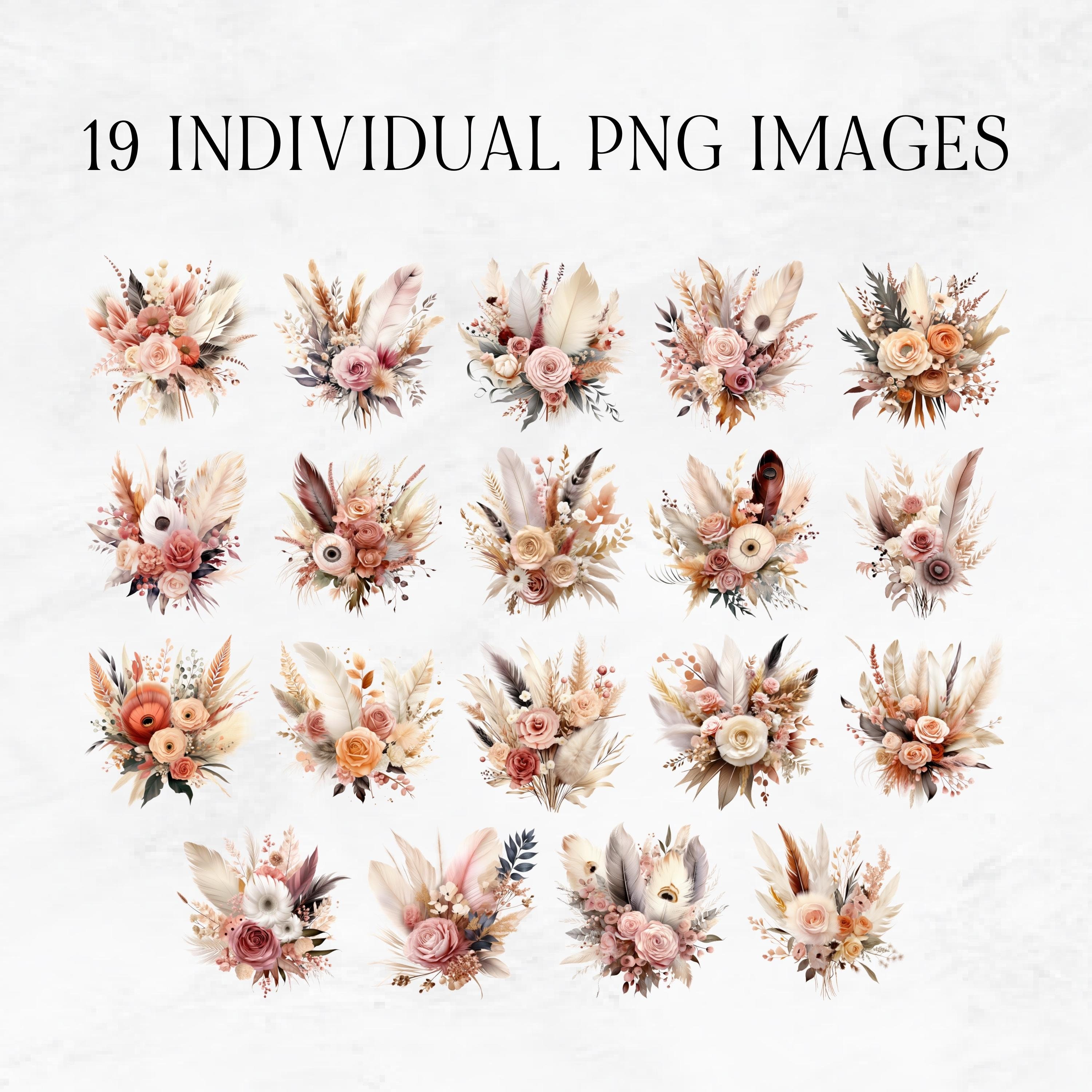 19 Pink Boho Flowers and Feathers Clipart, Pink and Blue Boho, Boho ...