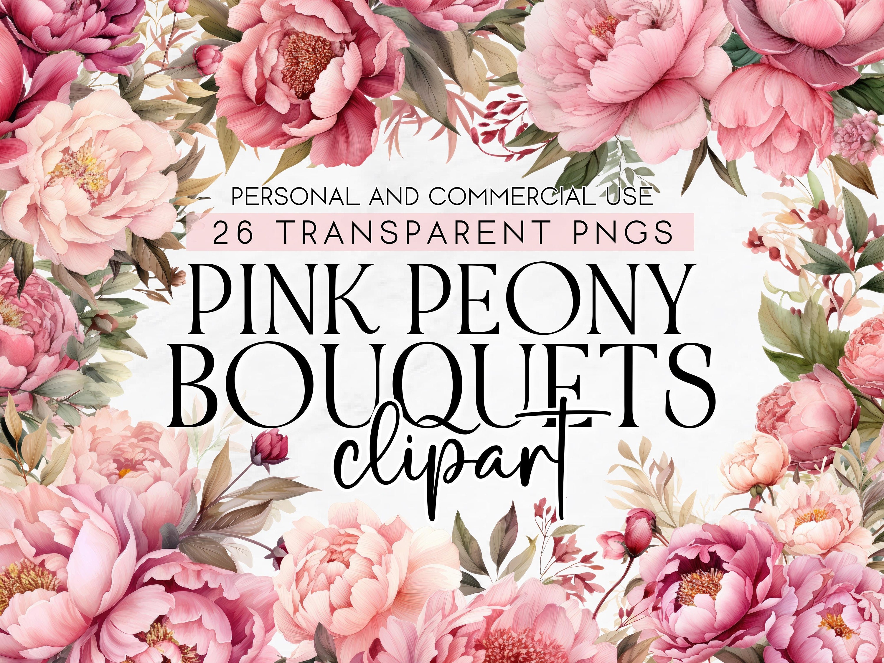 26 Pink Peony Bouquet, Floral Clipart Peonies, Commercial Use Clipart ...