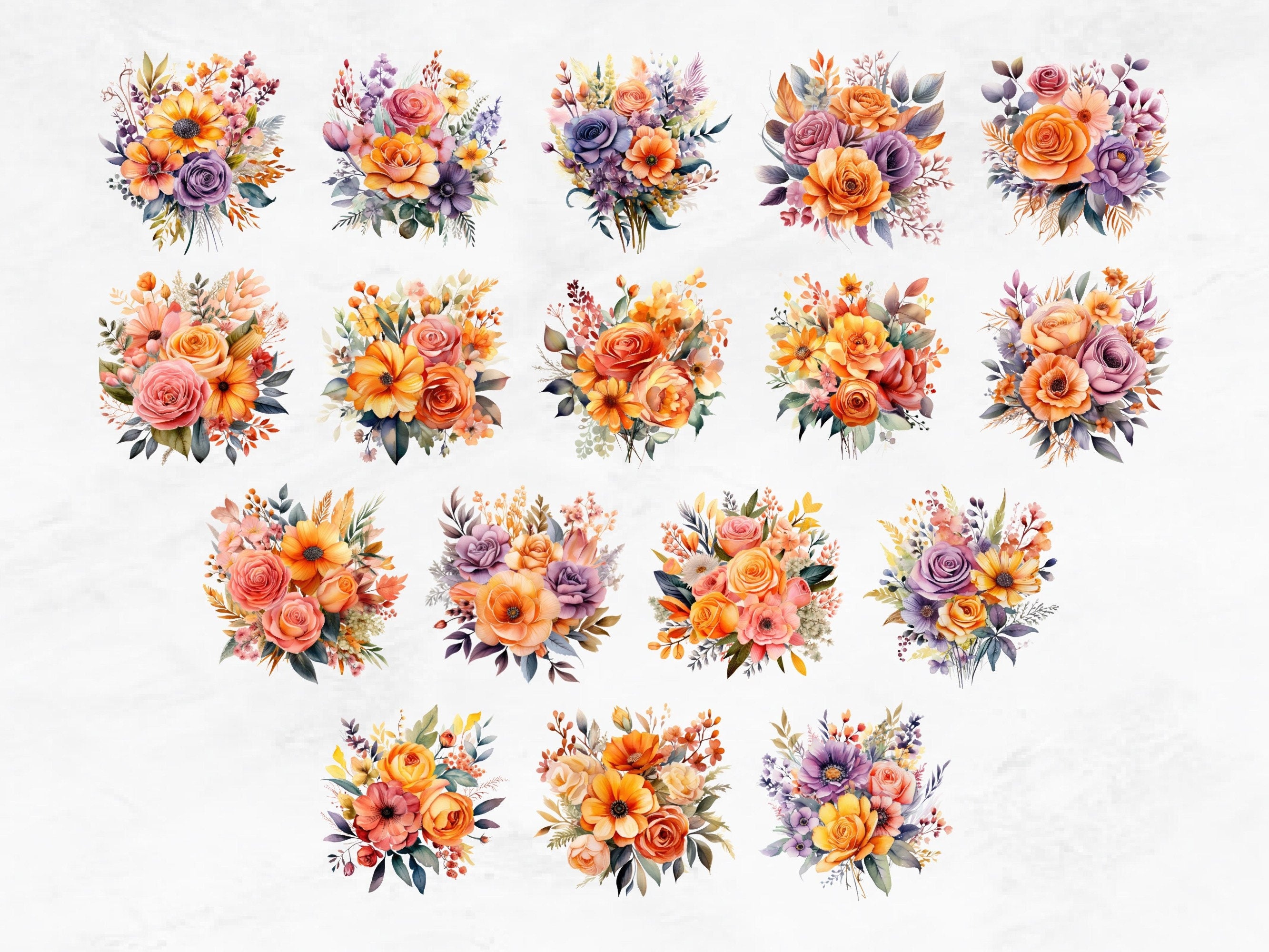 32 Bright Colorful Flowers Clipart, Commercial Use Clipart, Transparent ...