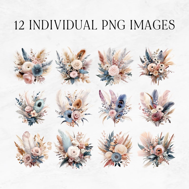 12 Boho Flower Feather Bouquet Clipart, Boho Bouquet Watercolor Flowers ...