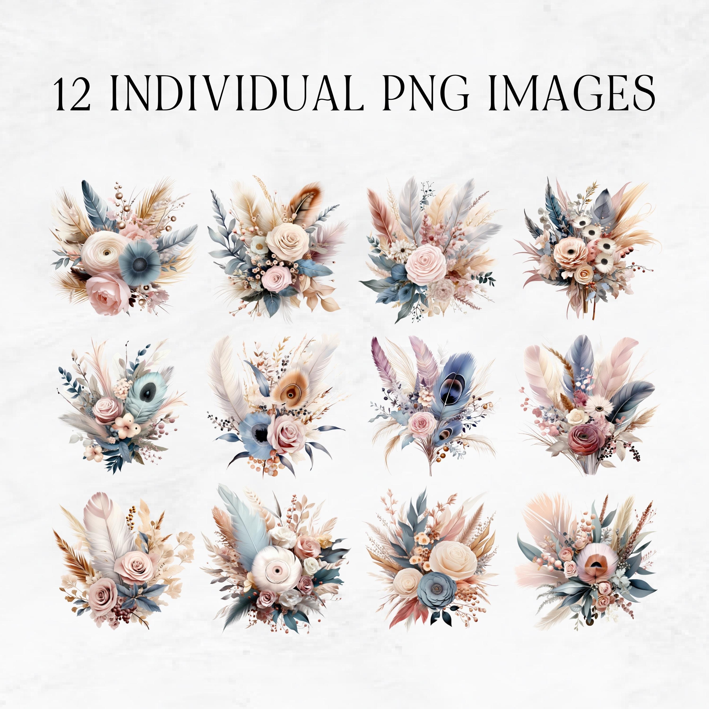 12 Boho Flower Feather Bouquet Clipart, Boho Bouquet Watercolor Flowers ...