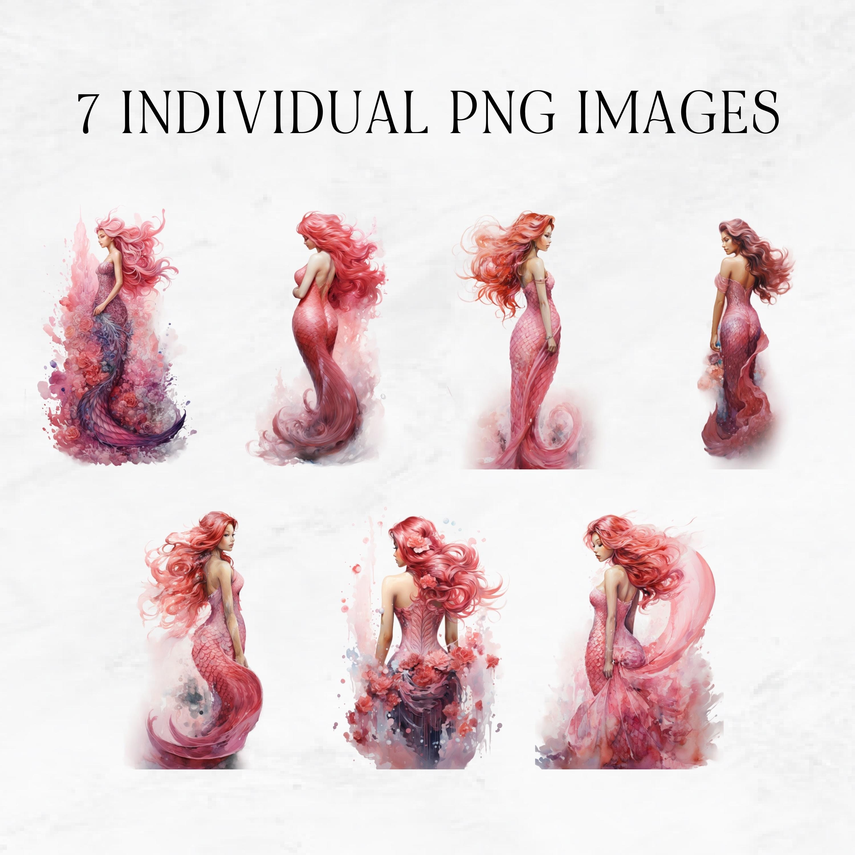 7 Red Fantasy Mermaids Clipart, Mermaid Birthday Clipart, Watercolor ...