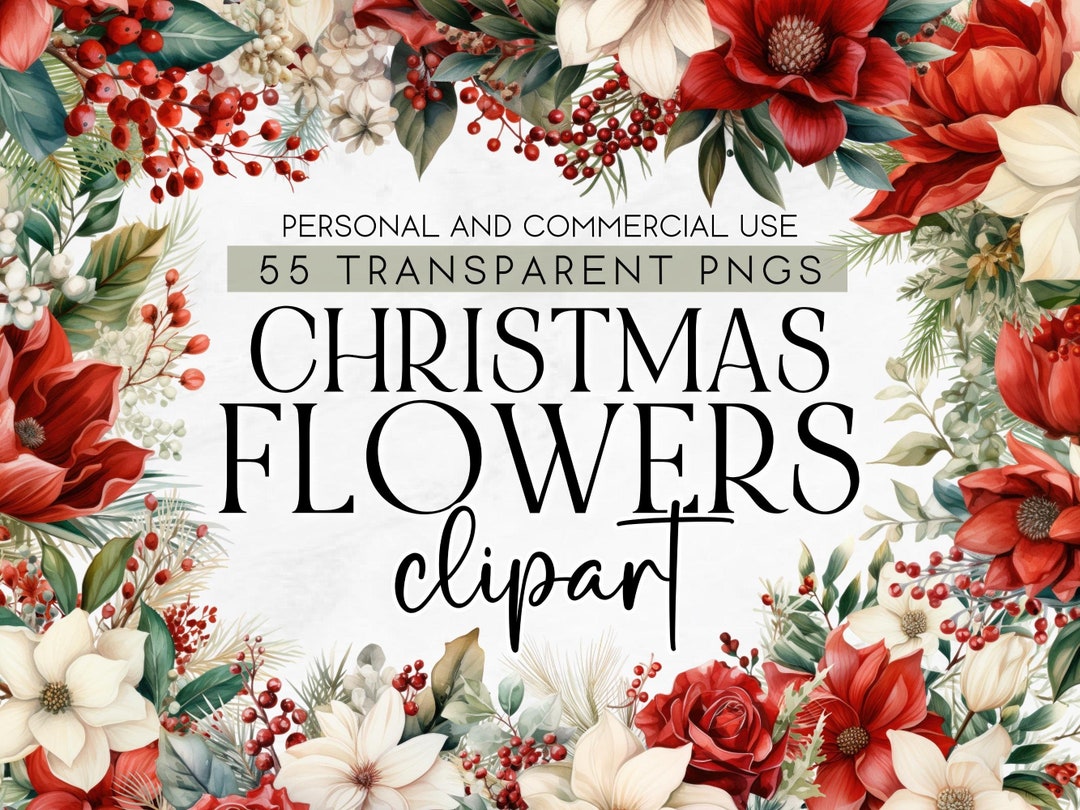 55 Christmas Flowers Clipart Bundle, Commercial Use Clipart ...
