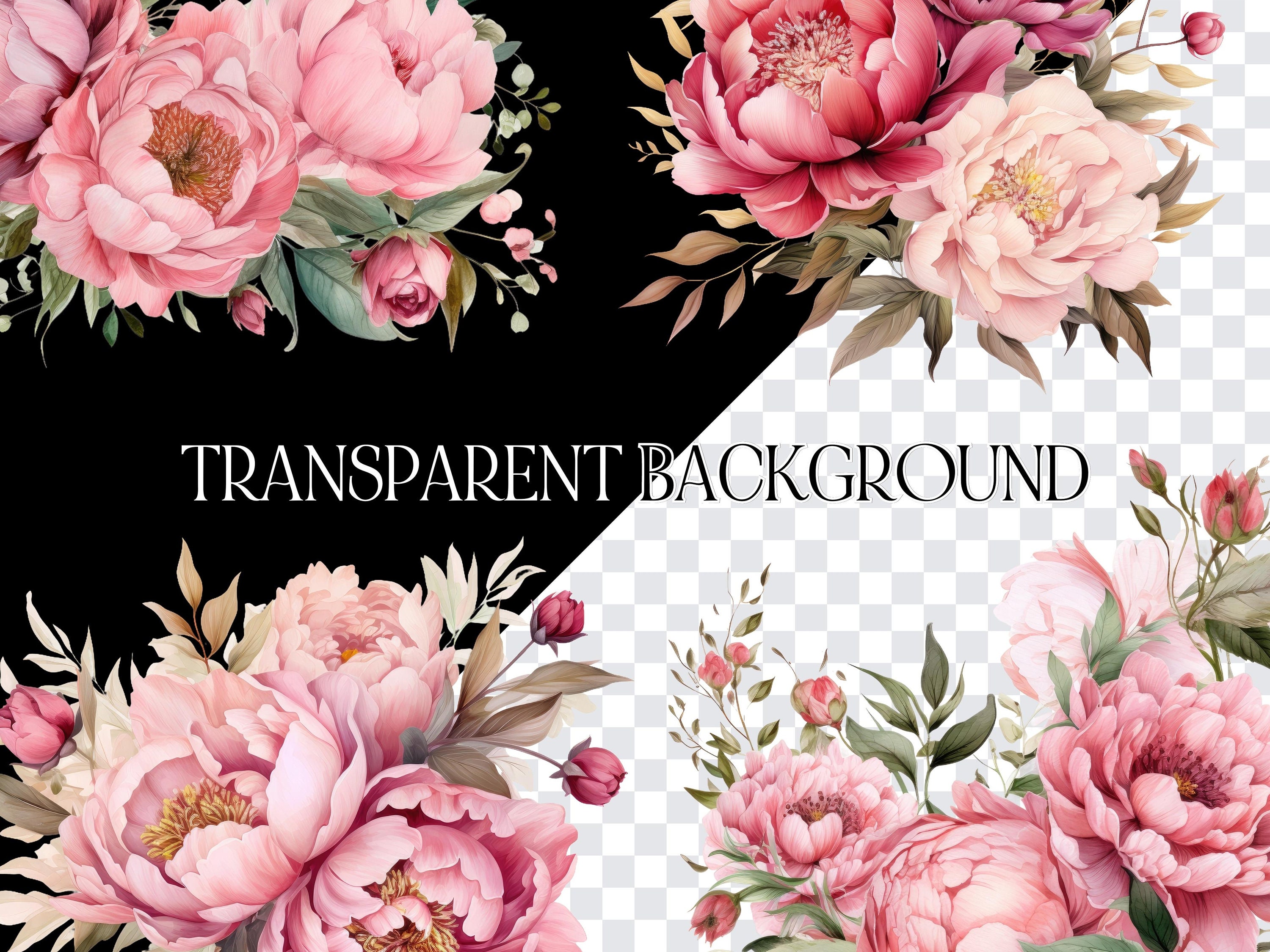 26 Pink Peony Bouquet, Floral Clipart Peonies, Commercial Use Clipart ...