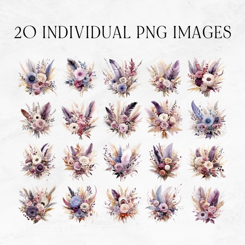 20 Purple Boho Flowers and Feathers Clipart, Purple Boho PNG, Boho ...