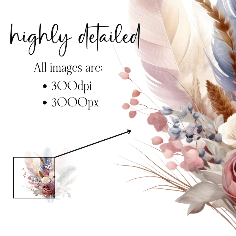12 Boho Flower Feather Bouquet Clipart, Boho Bouquet Watercolor Flowers ...