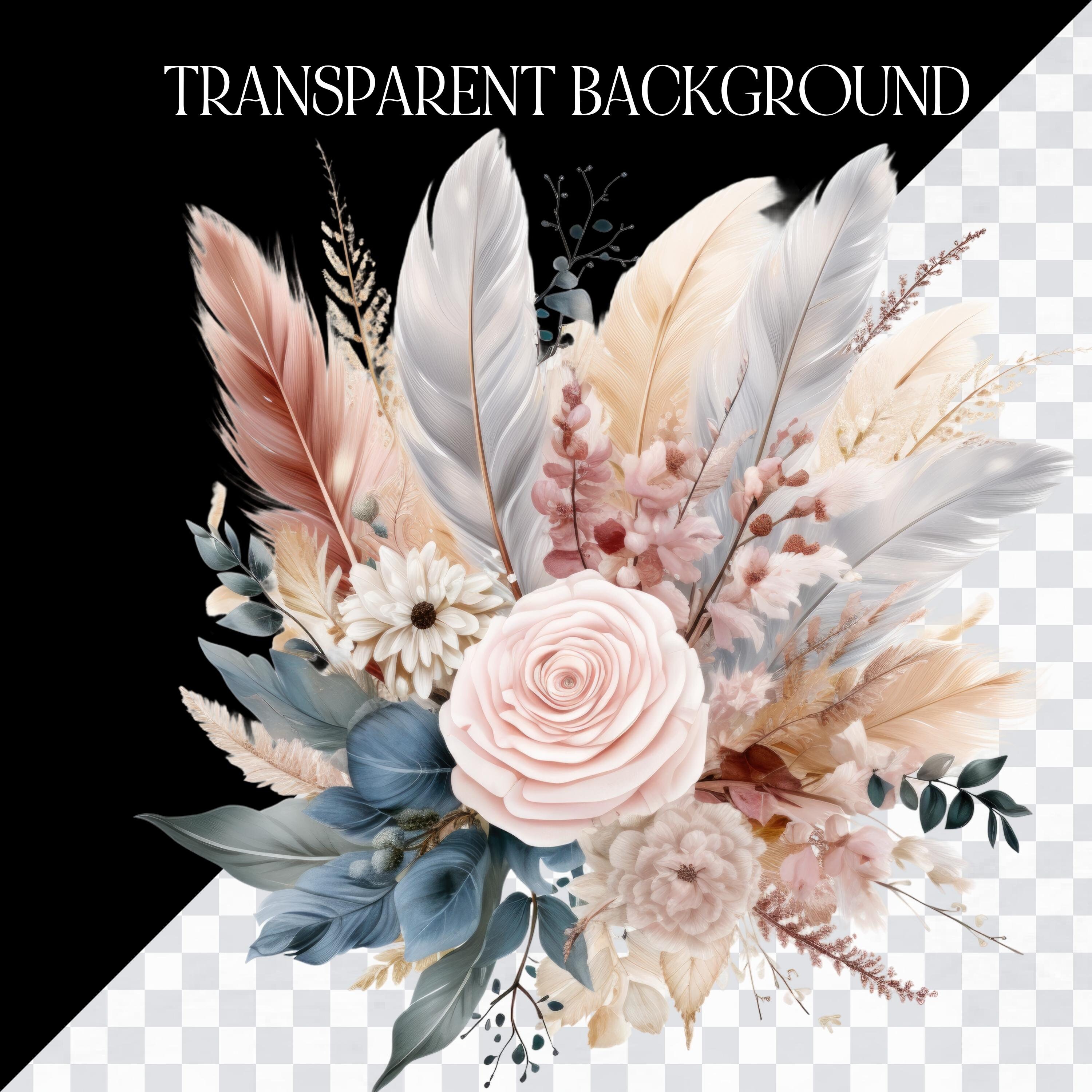 12 Boho Flower Feather Bouquet Clipart, Boho Bouquet Watercolor Flowers ...