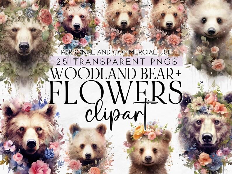 25 Woodland Bears and Flowers Clipart Woodland Animals - Etsy