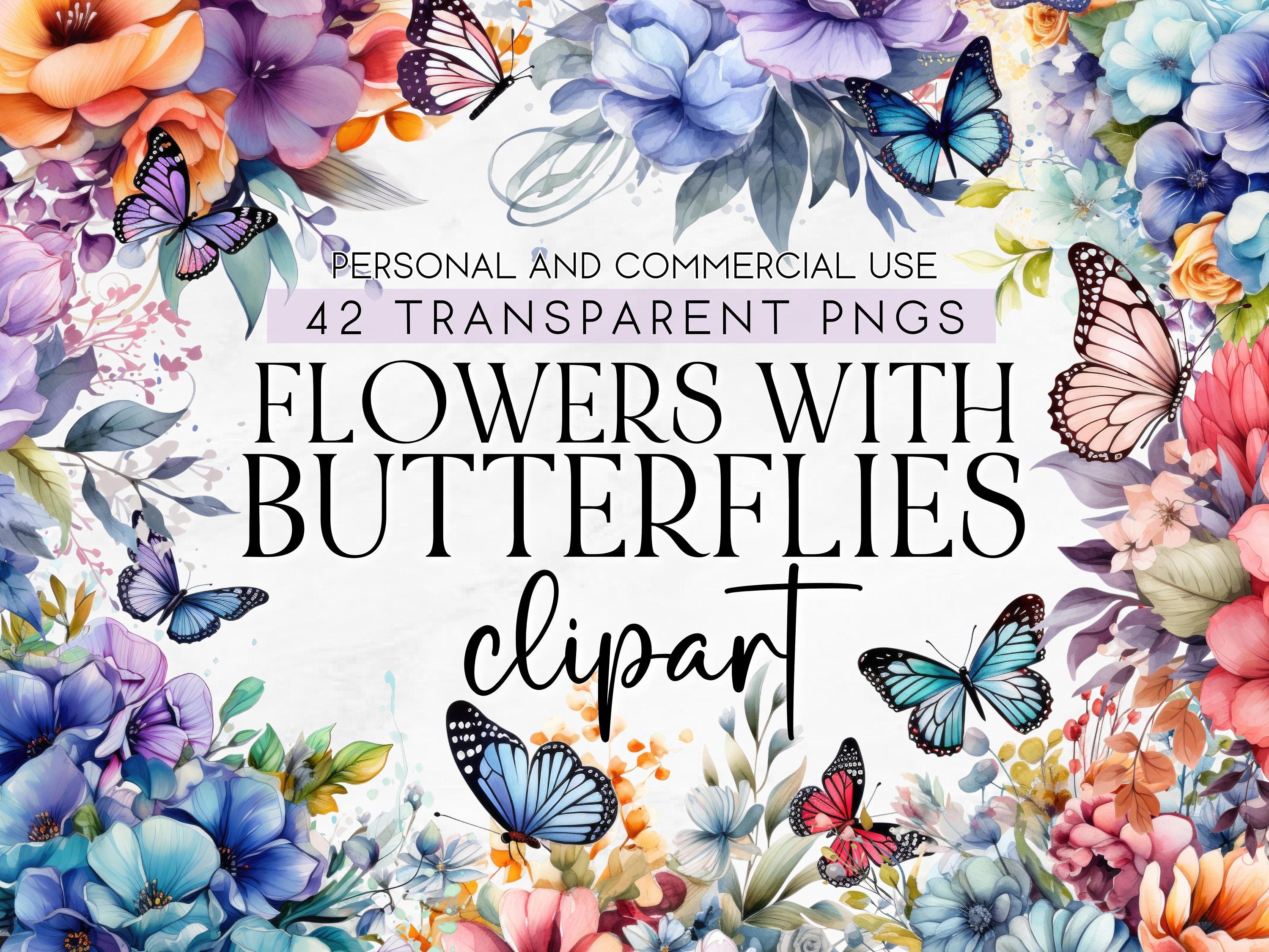 42 Watercolor Flowers With Butterflies Bundle, Floral Butterfly ...