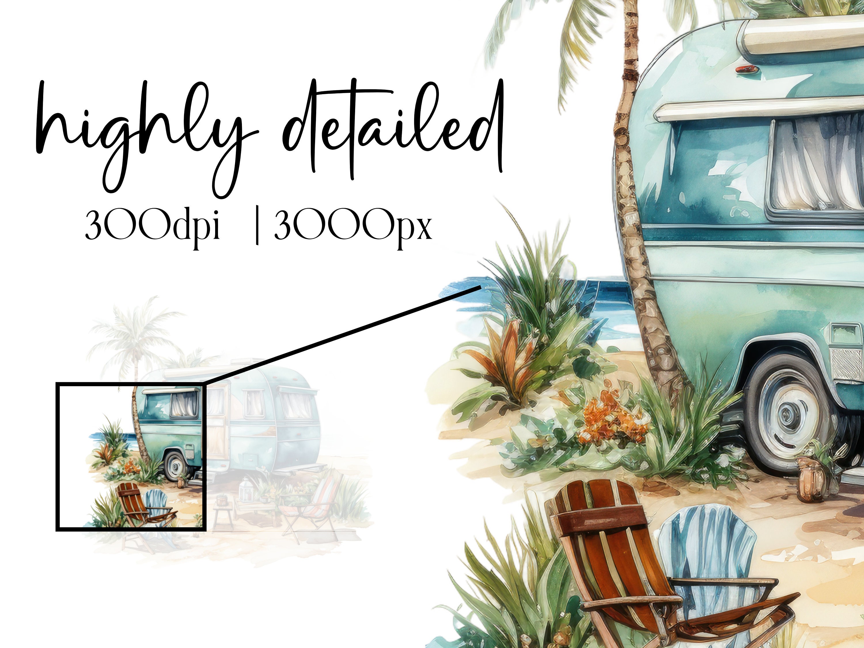 7 Beachside Camping Clipart, Watercolor Camping Scene Clipart ...