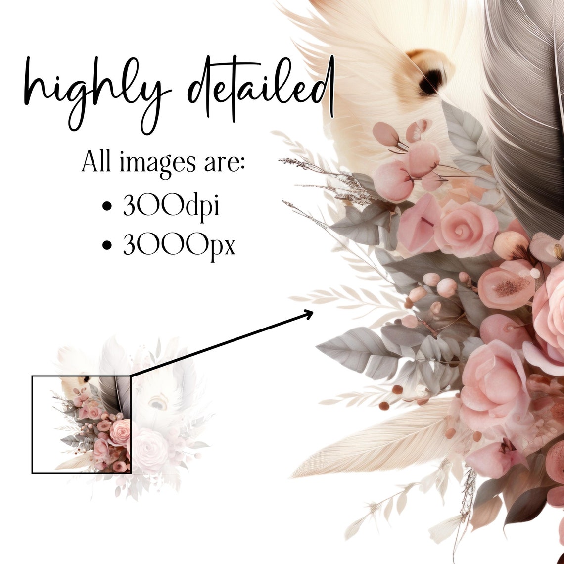 19 Pink Boho Flowers and Feathers Clipart, Pink and Blue Boho, Boho ...