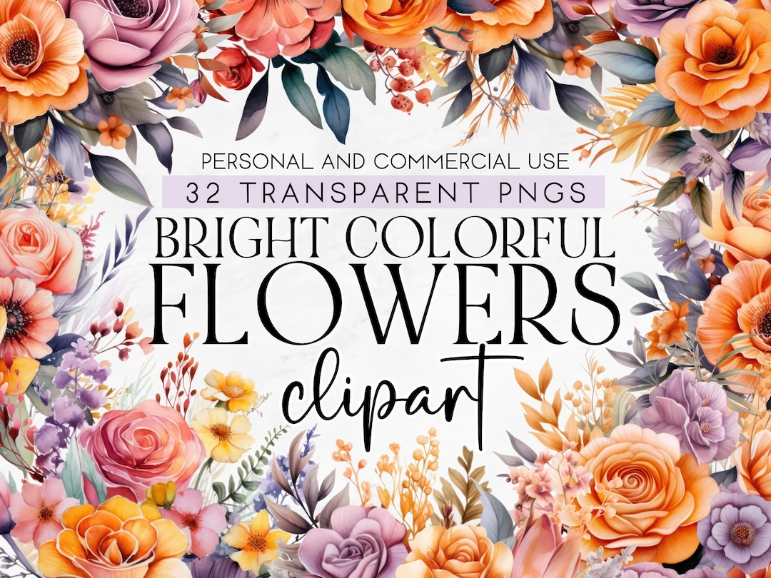 32 Bright Colorful Flowers Clipart, Commercial Use Clipart, Transparent ...