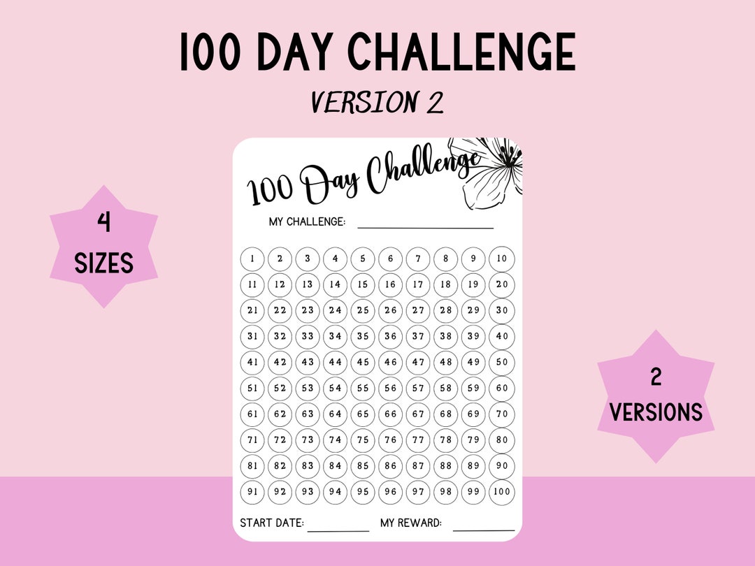 100 Day Challenge Template: Printable Habit Routine Tracker, Goal ...