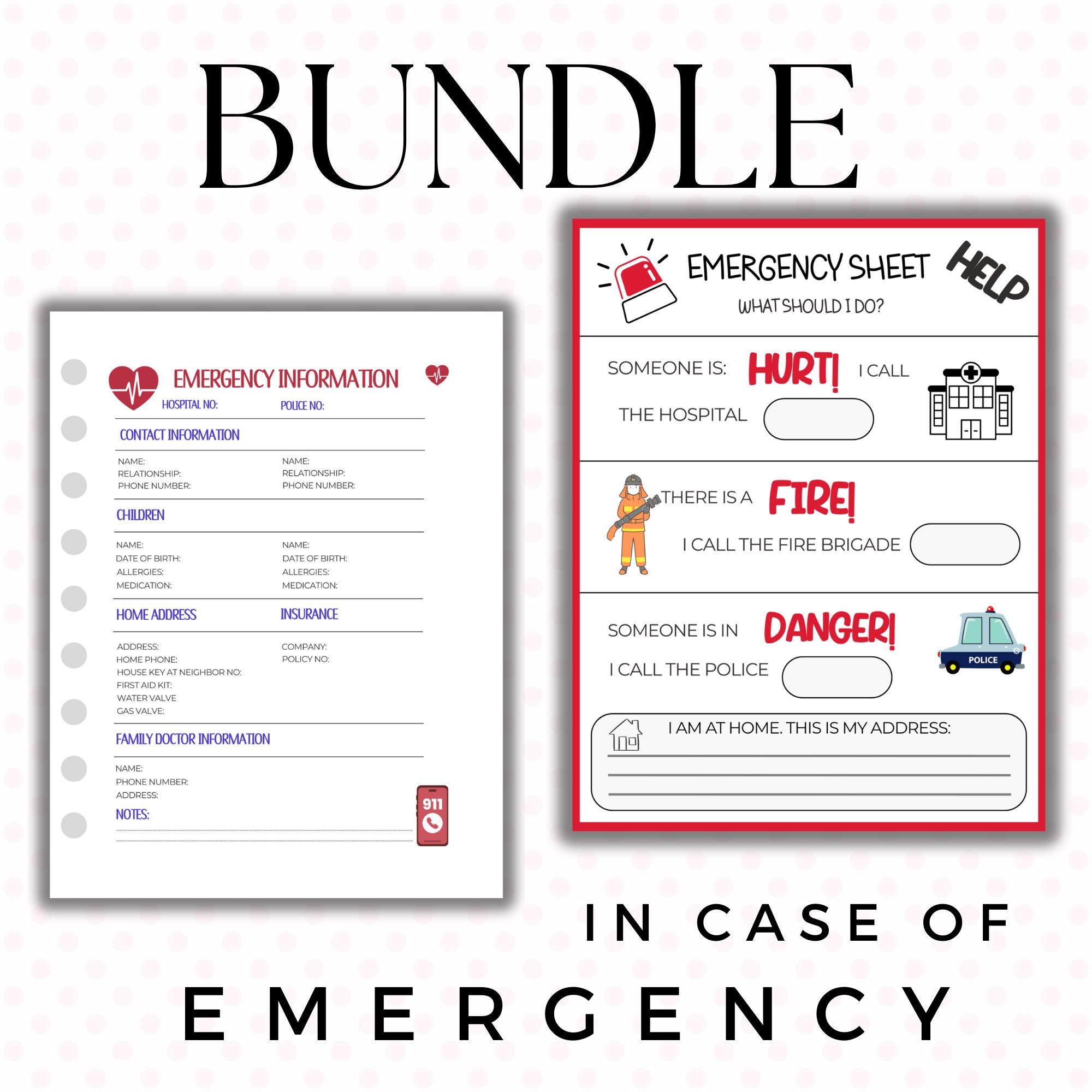 BUNDLE Emergency Contact, Printable Emergency Info Sheets for Childcare ...