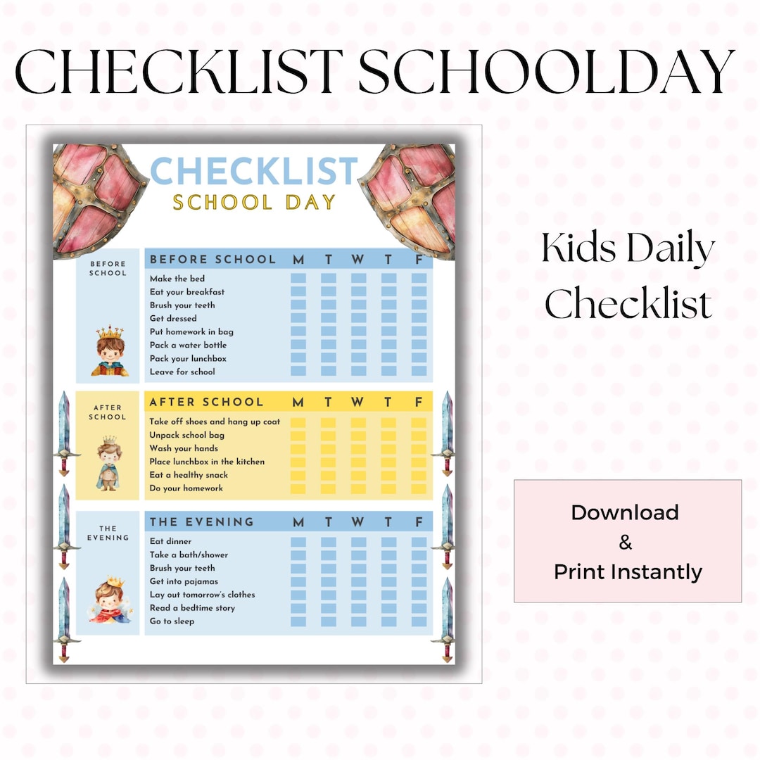Schoolday Checklist, Kids Chore Chart List Printable, Editable Daily ...