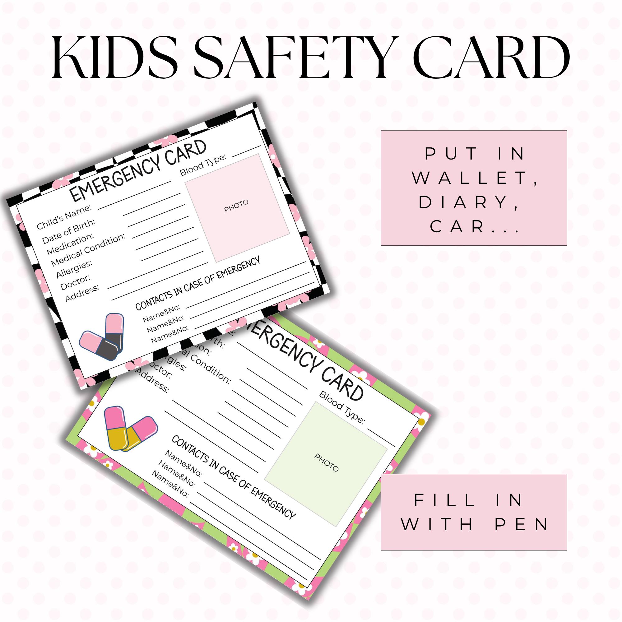 Kids in Case of Emergency Printable, Emergency Contact Card, Safety ...