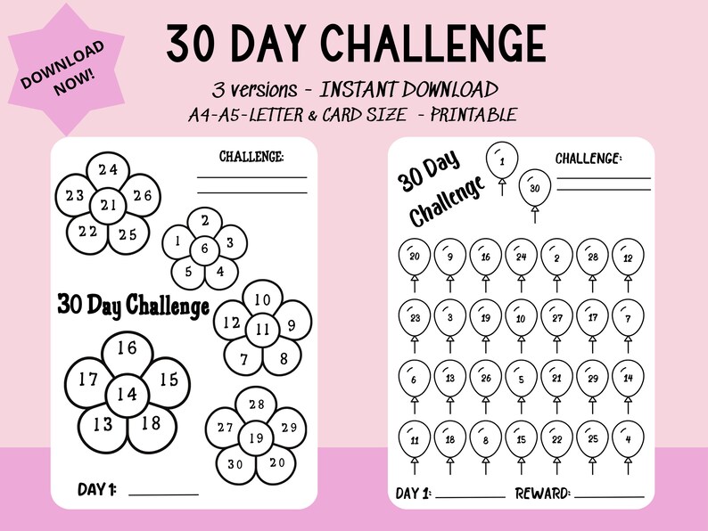 30-day Printable Challenge Worksheets Goal Tracker Habit Tracker Growth ...
